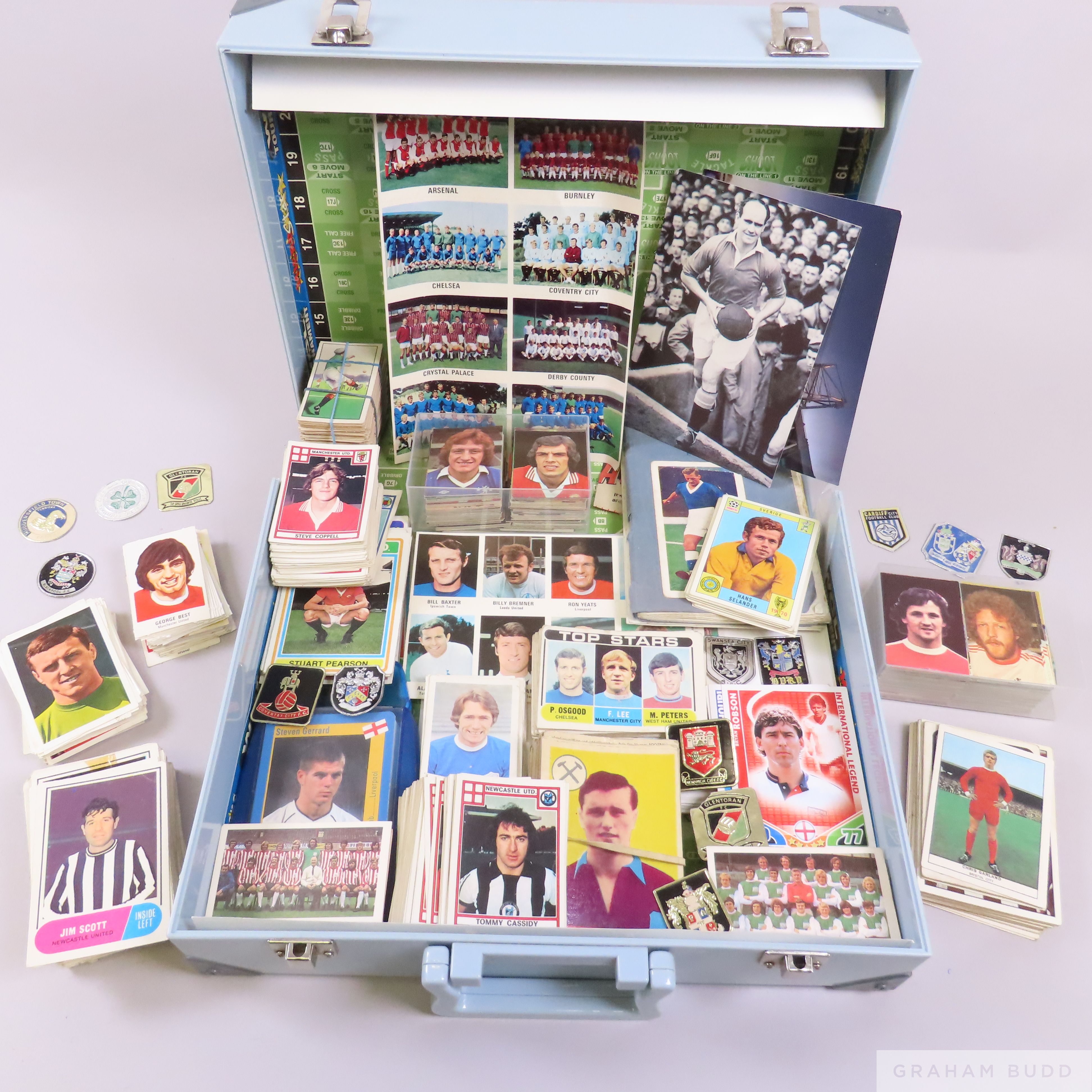 An assorted collection of football stickers and cards, including Panini ...