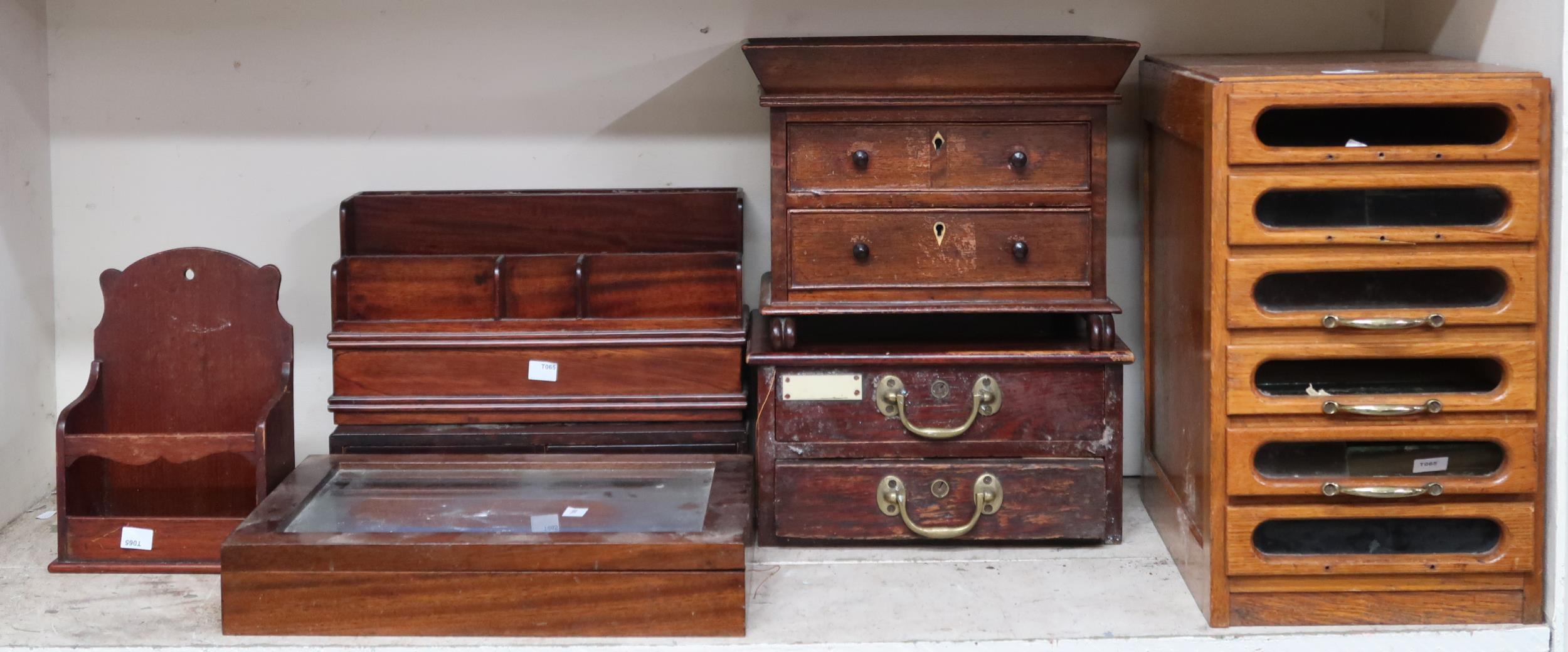 A mixed lot to include oak haberdashers style drawers with glazed ...