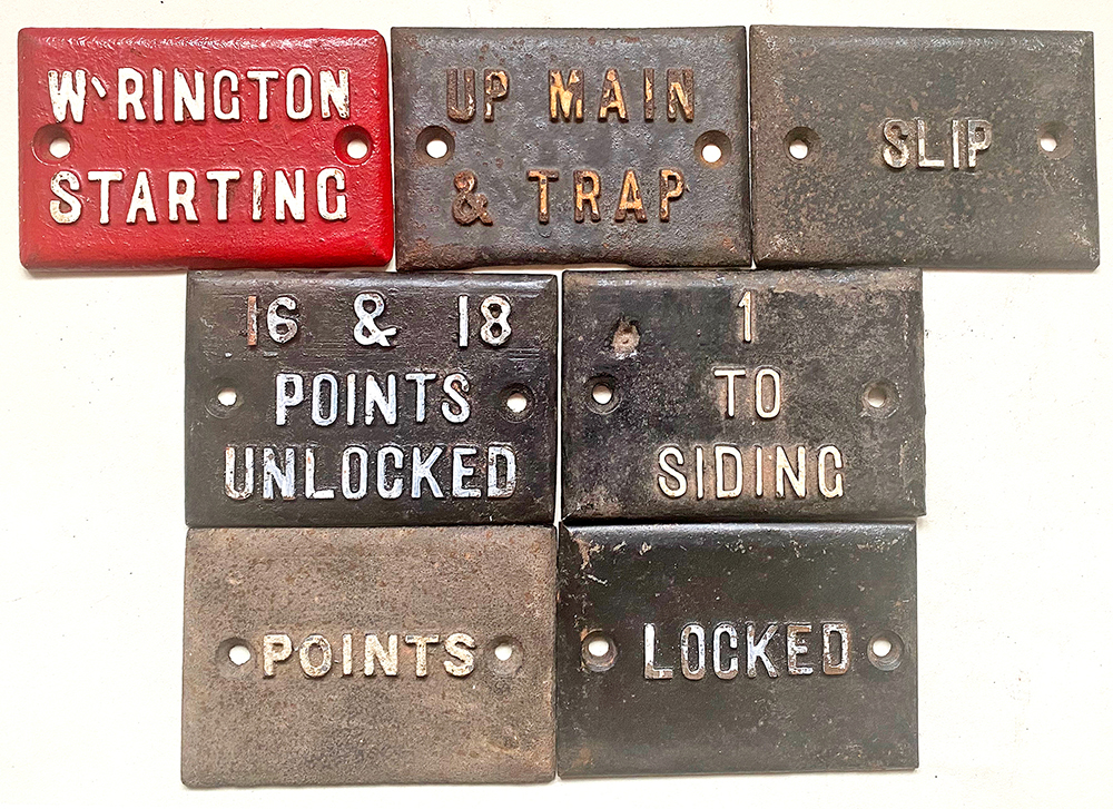 LNWR cast iron Signal Box Lever Plates, quantity 7 to include W'RINGTON ...