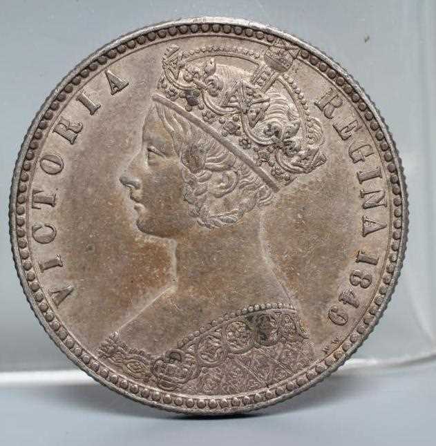 THREE VICTORIAN COINS, comprising an 1856 gothic one florin, an 1849 ...