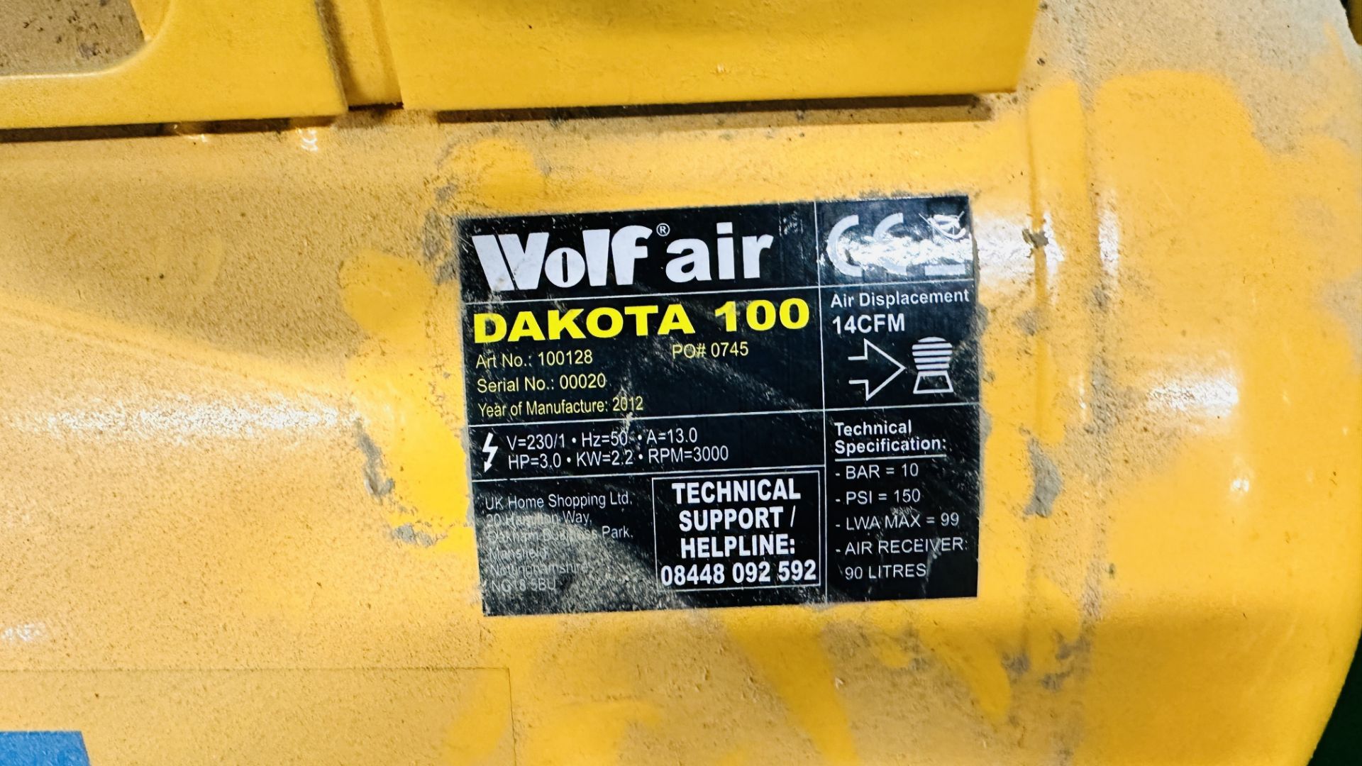 WOLF AIR DAKOTA 100 COMMERCIAL AIR COMPRESSOR, 90 LITRE TANK ALONG WITH ...