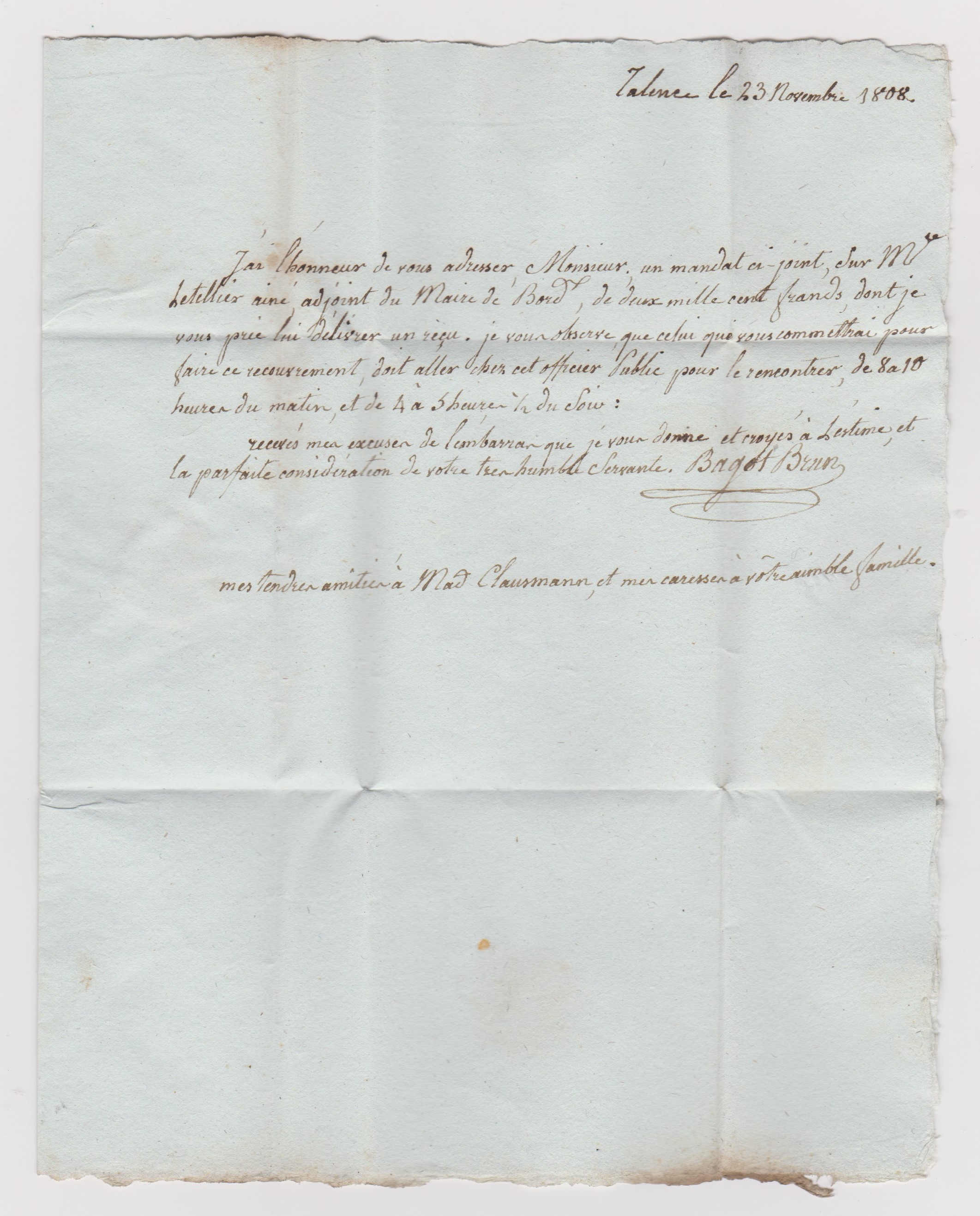 France 1808 Postal History EL dated 23 Nov 1808 Talence, posted to ...