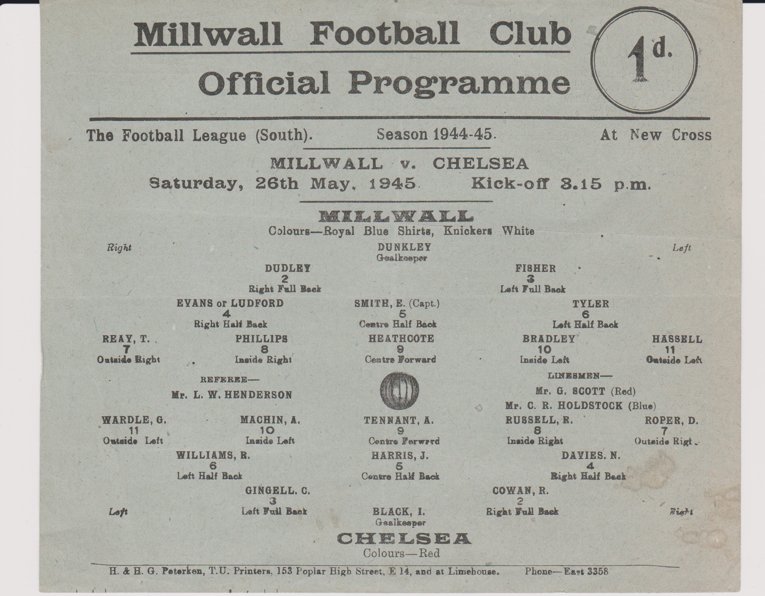 Millwall v Chelsea single sheet programme dated 26th May 1945 (League ...