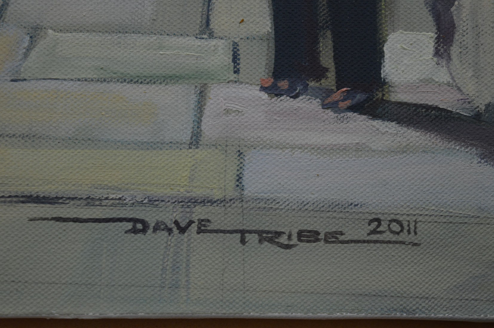 Dave Tribe, London street scene with figures and buses, oil on canvas ...