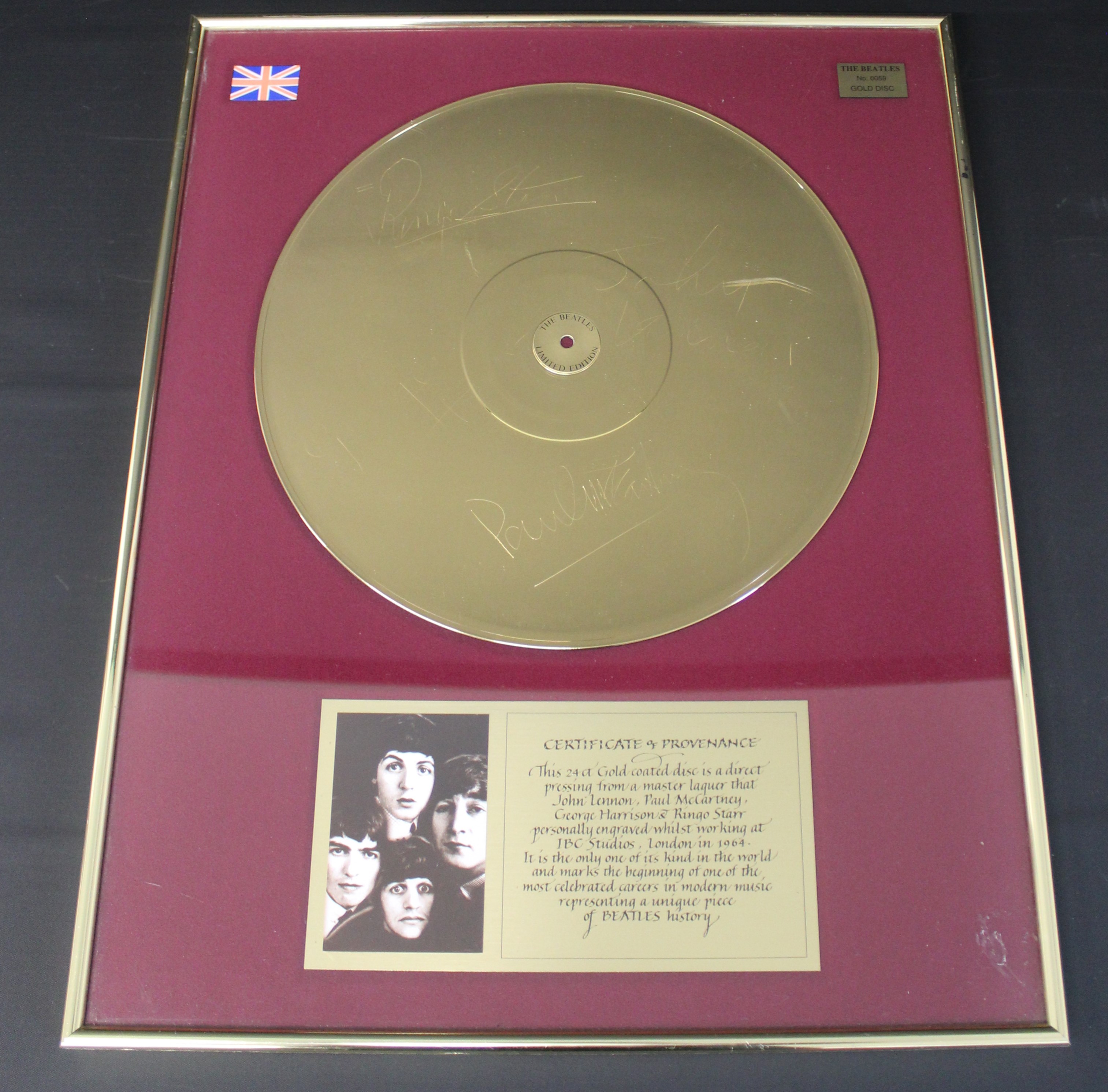 Framed The Beatles 24ct gold coated disc "..a direct pressing from a ...