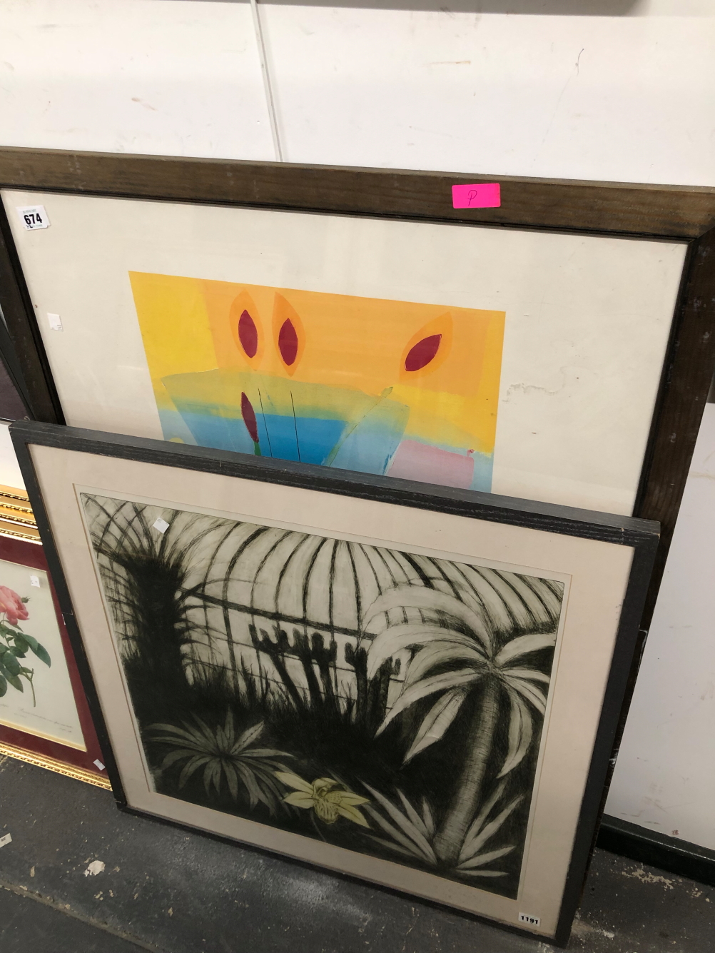 A LARGE FRAMED RUSSELL BAKER PRINT TOGETHER WITH A LARGE ETCHING BY A ...