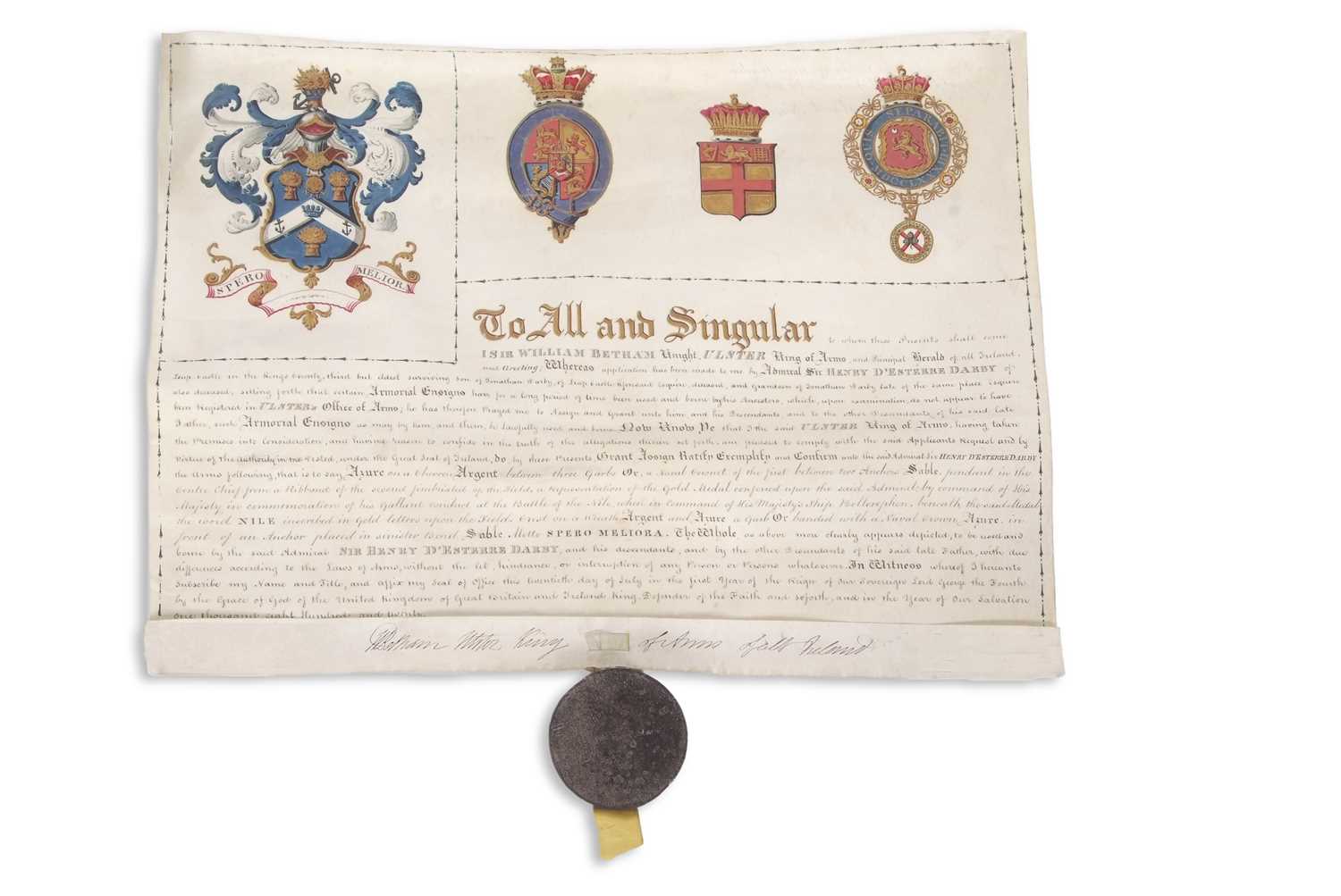 Illuminated grant of arms for Admiral Sir Henry D'Esterre Darby signed ...