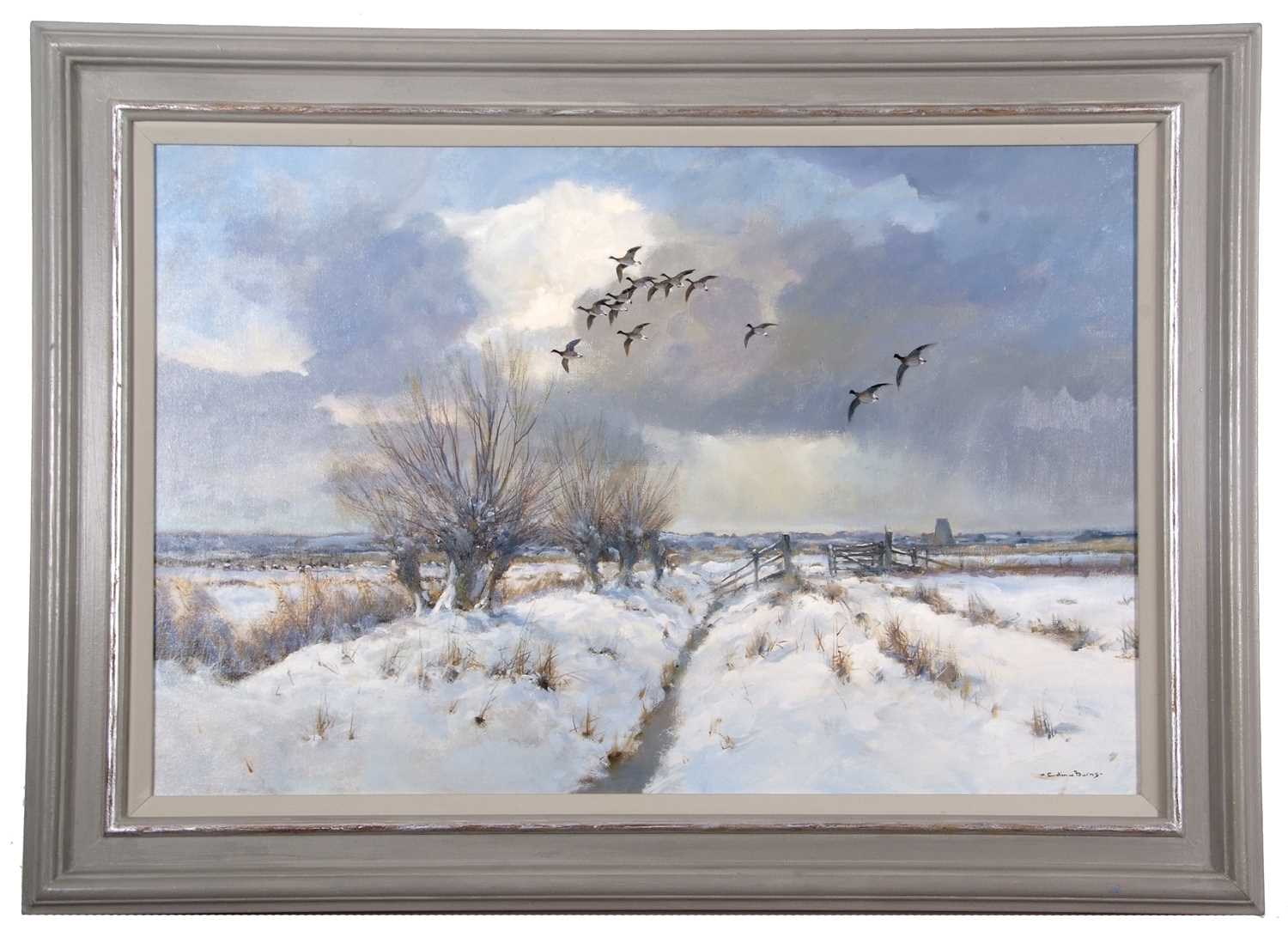 Colin W Burns (British, b.1944) "Pink-footed Geese", oil on canvas 20 ...