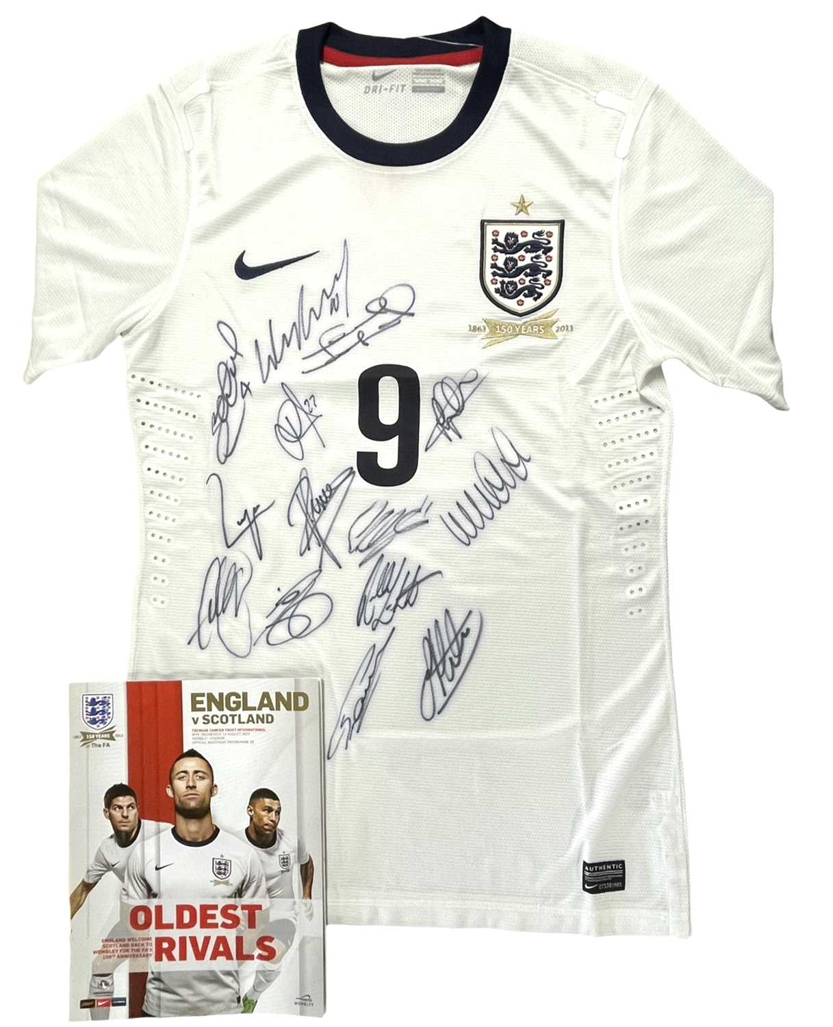 A commemorative England football shirt, bearing the signatures of ...