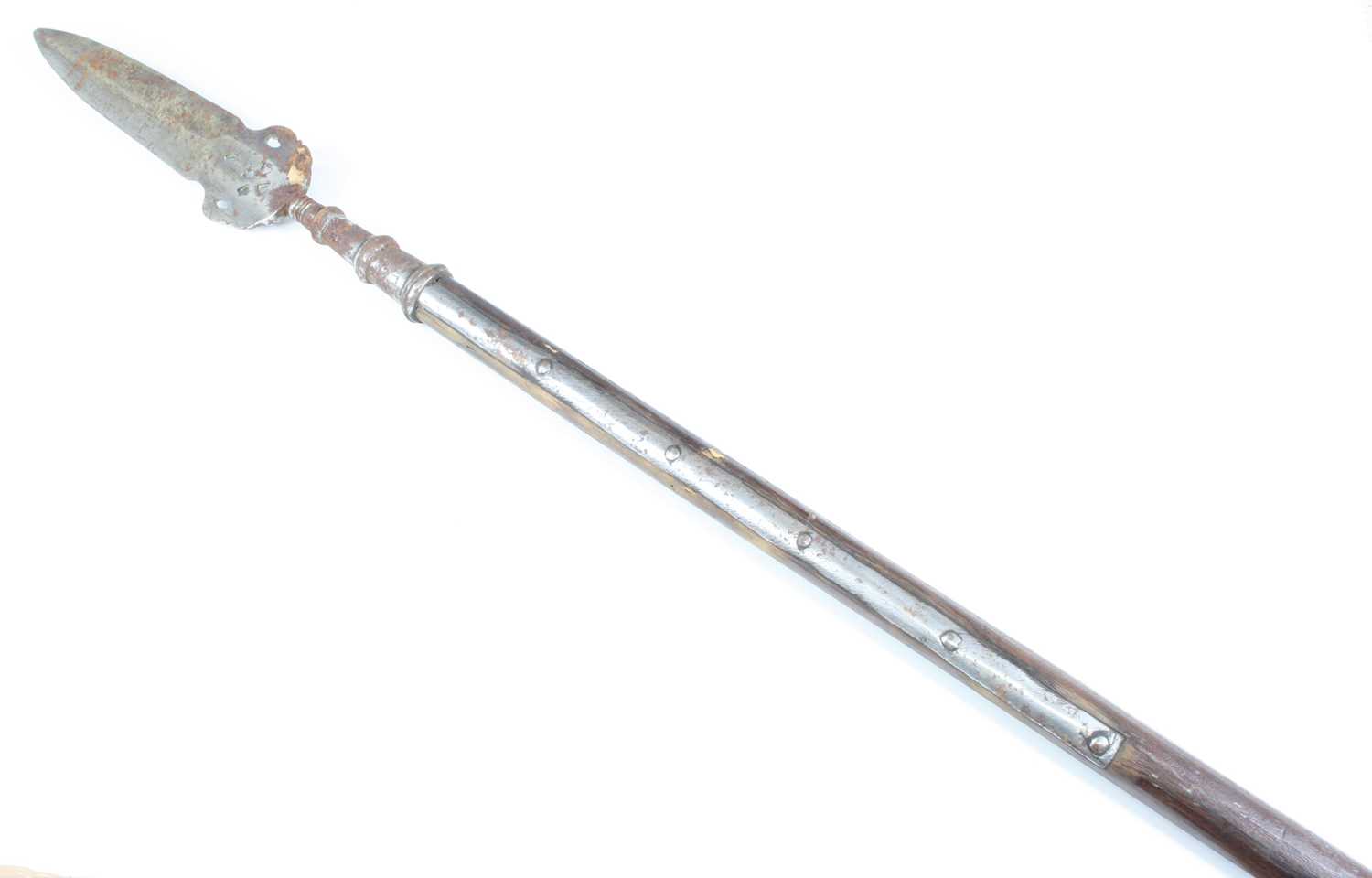 A 19th century pike, having a pierced doubled edged blade with steel ...