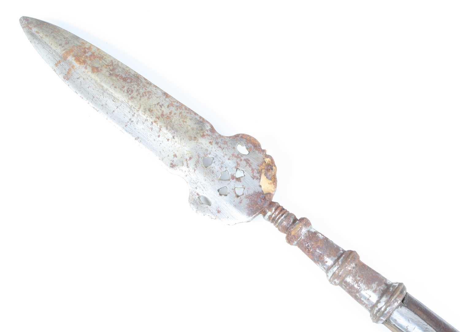 A 19th century pike, having a pierced doubled edged blade with steel ...