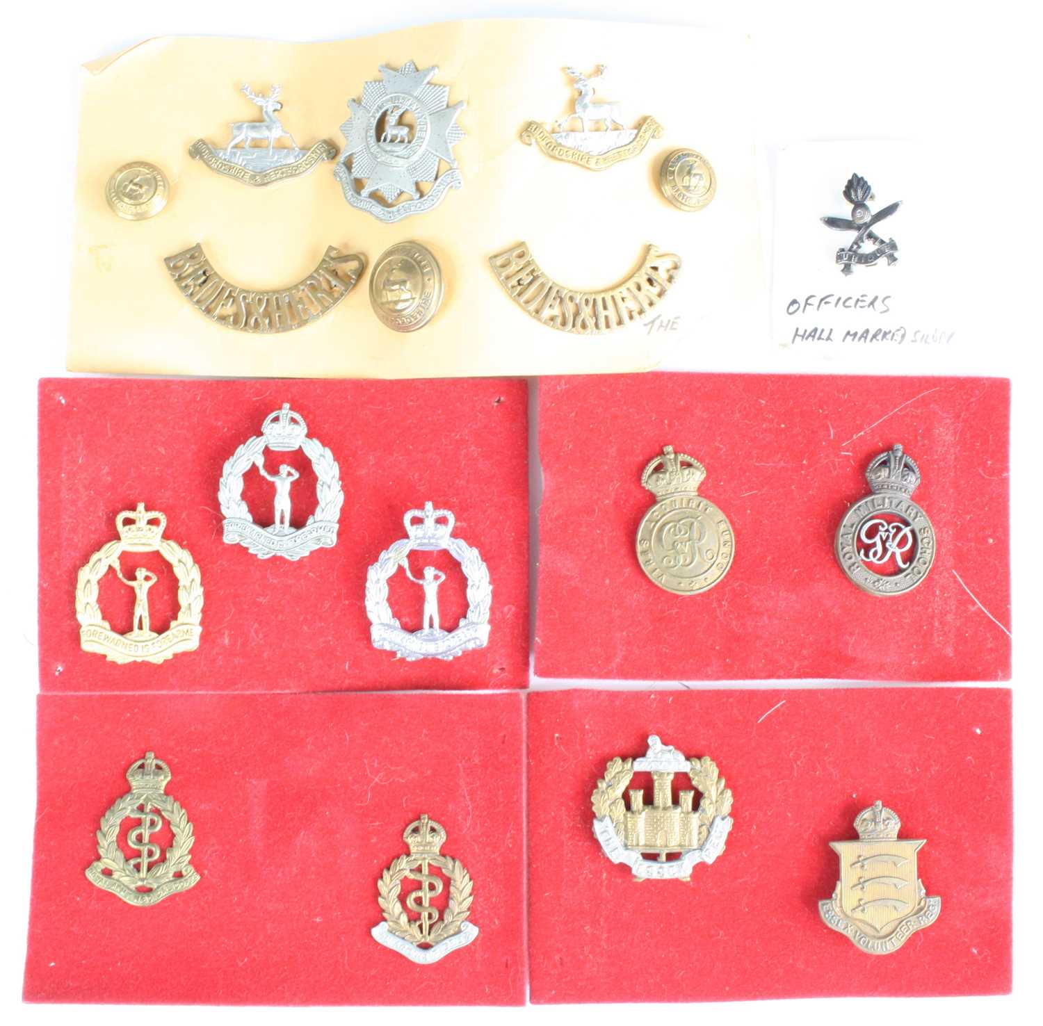 A large collection of cap badges and insignia to include The Hampshire ...