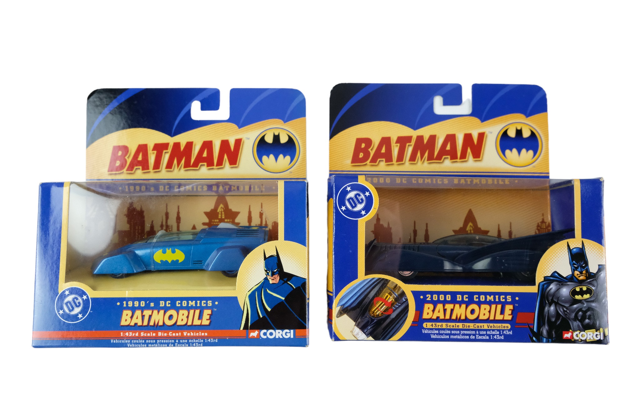 Two boxed Corgi Batmobiles together with a Batman Hotwheels and Justice ...