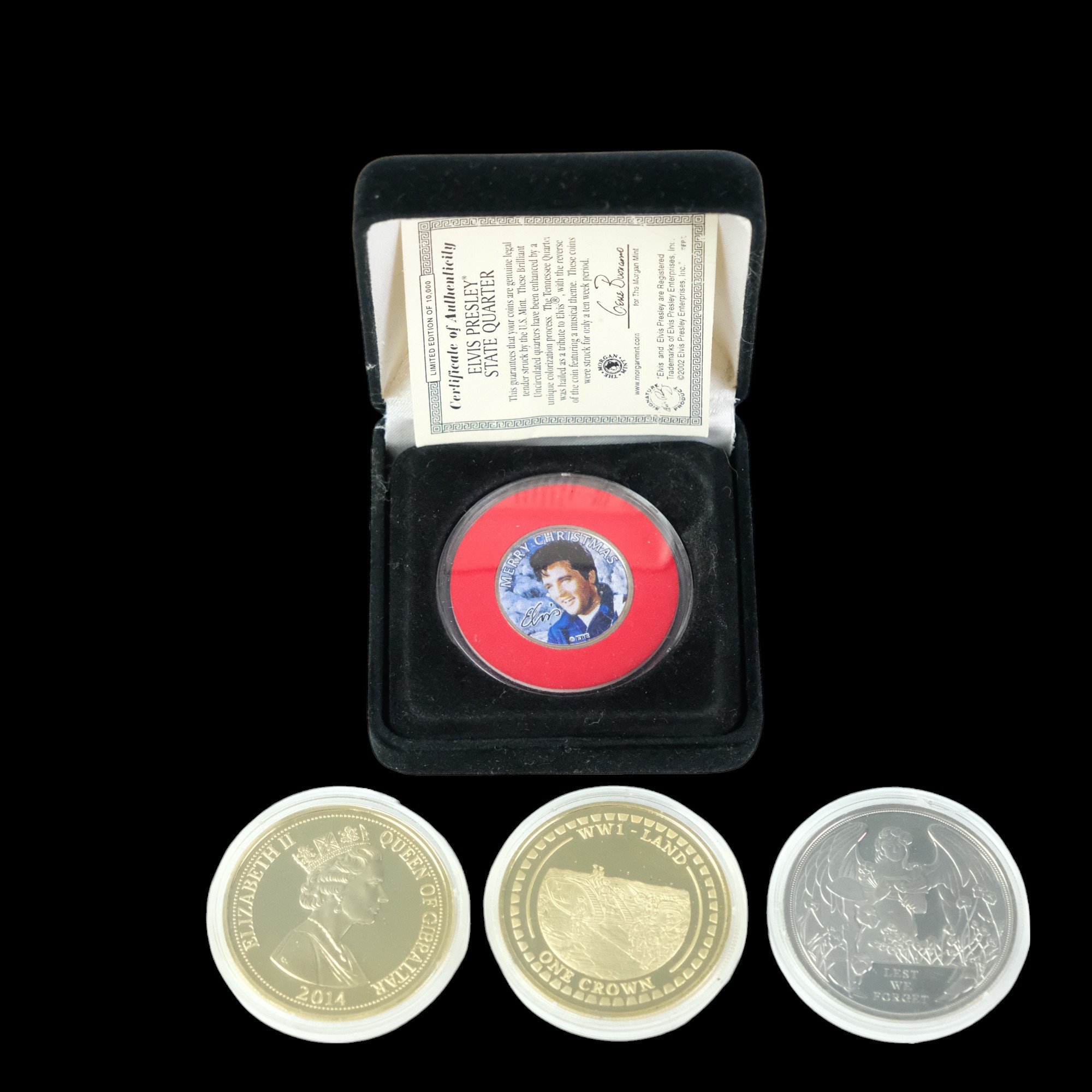 A cased Elvis Presley State Quarter by The Morgan Mint together with ...