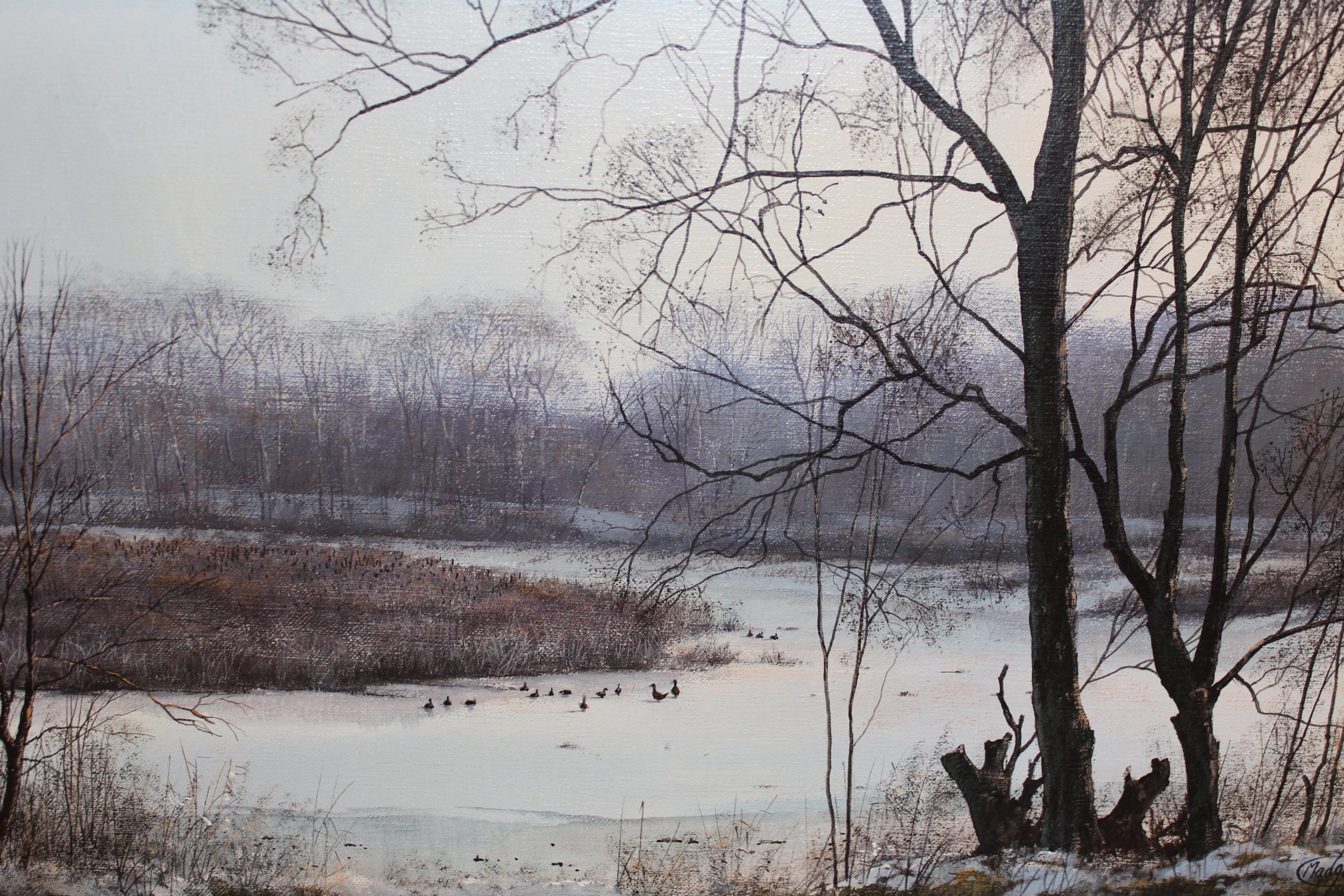 Clive Madgwick RBA, oil on canvas ' Frosty Morning ', frozen lake scene ...