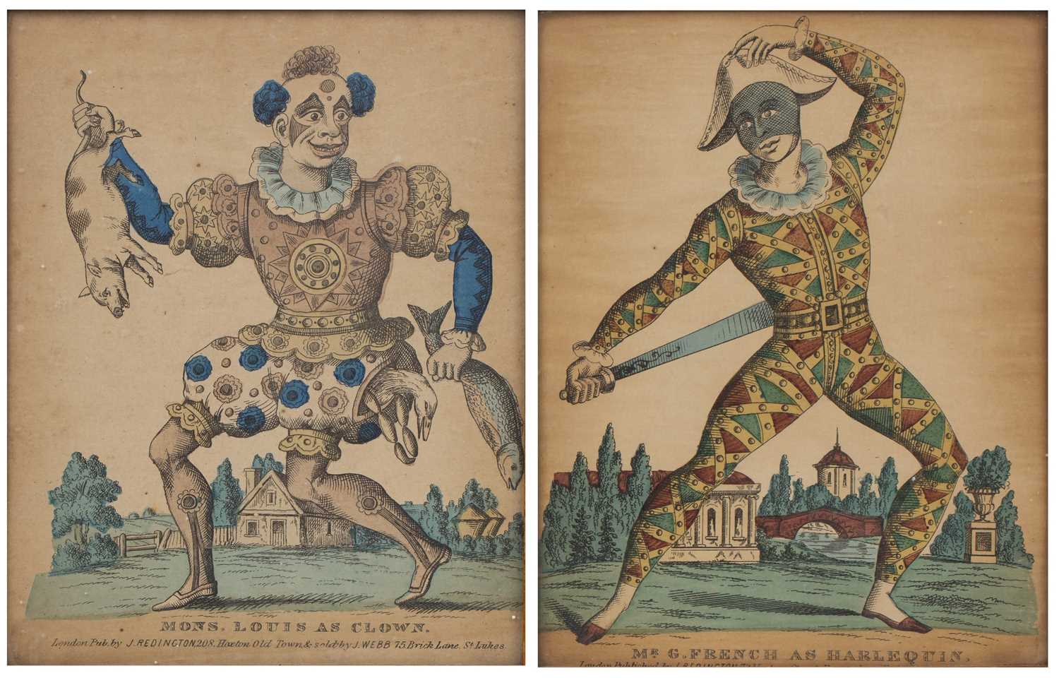Two 19th century prints Mr G French as harlequin and Louis as clown ...