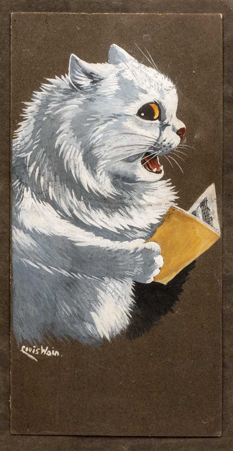 Louis Wain (1860-1939)The musical cat, signed, gouache, 25 x 12.5cmIn ...