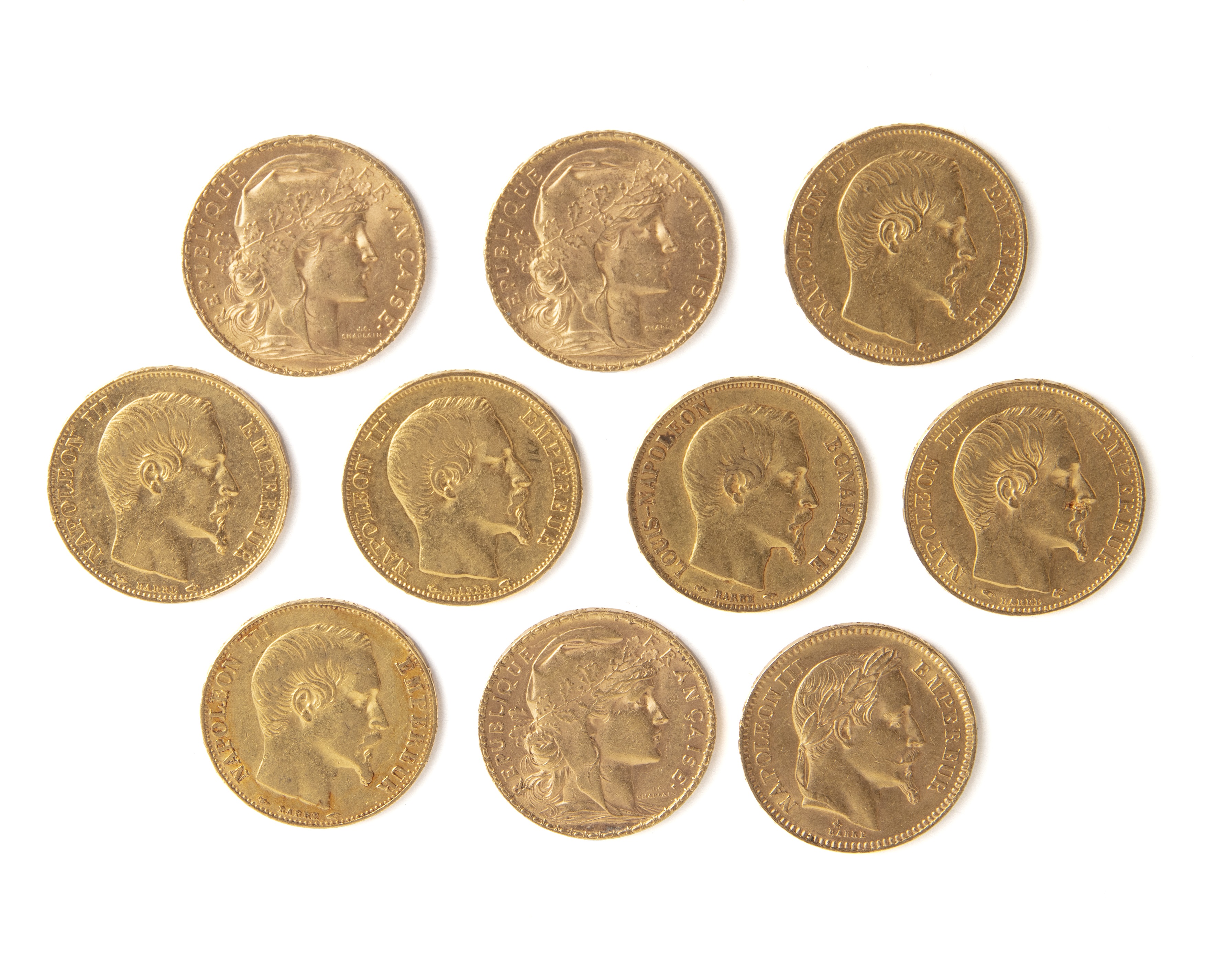 Collection of ten French 20 Franc gold coins one dated 1852 (A), one ...
