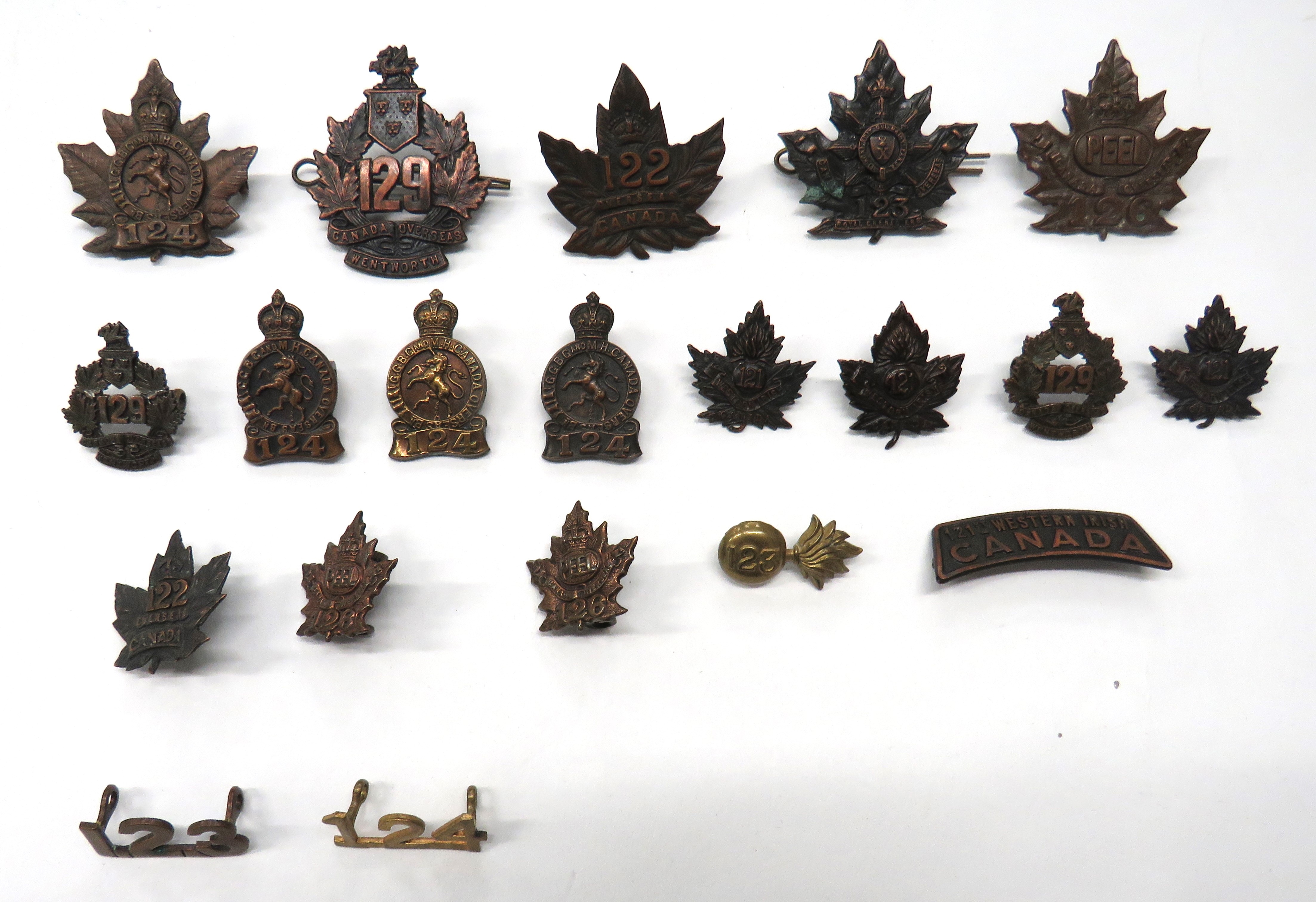 20 x Canadian WW1 Overseas Battalion Cap, Collars And Titles cap badges ...
