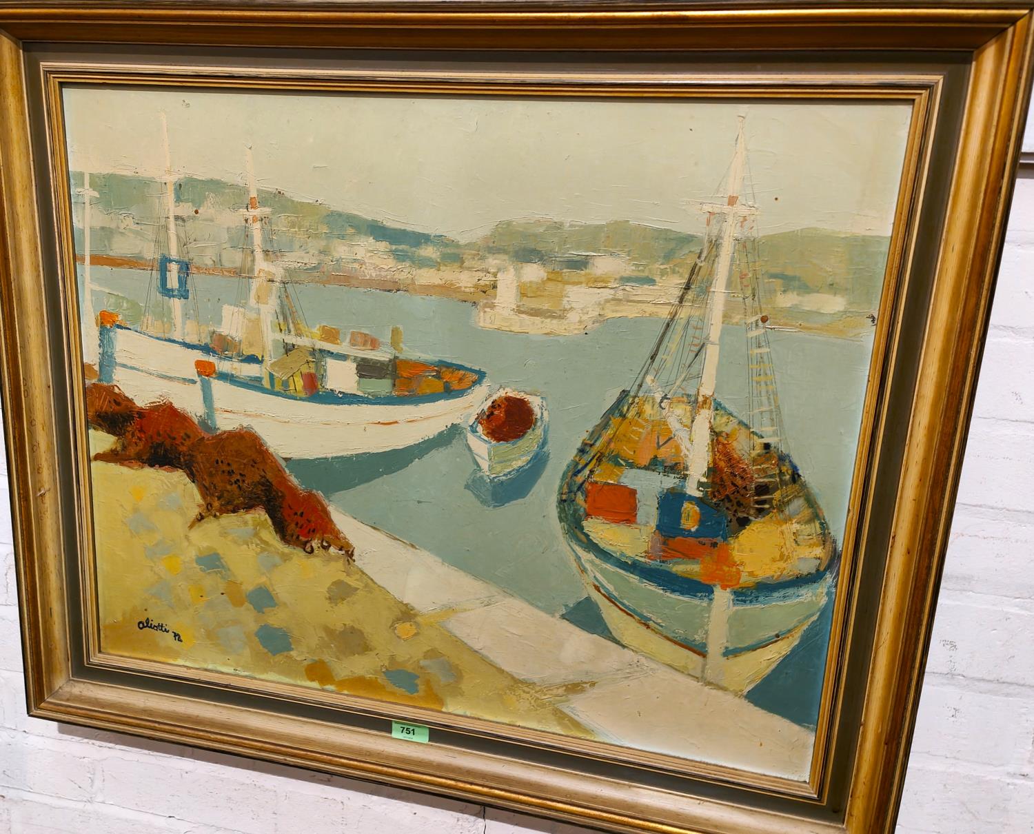Aliotti: Boats in harbour, oil on canvas, signed, 60 x 72cm, framed