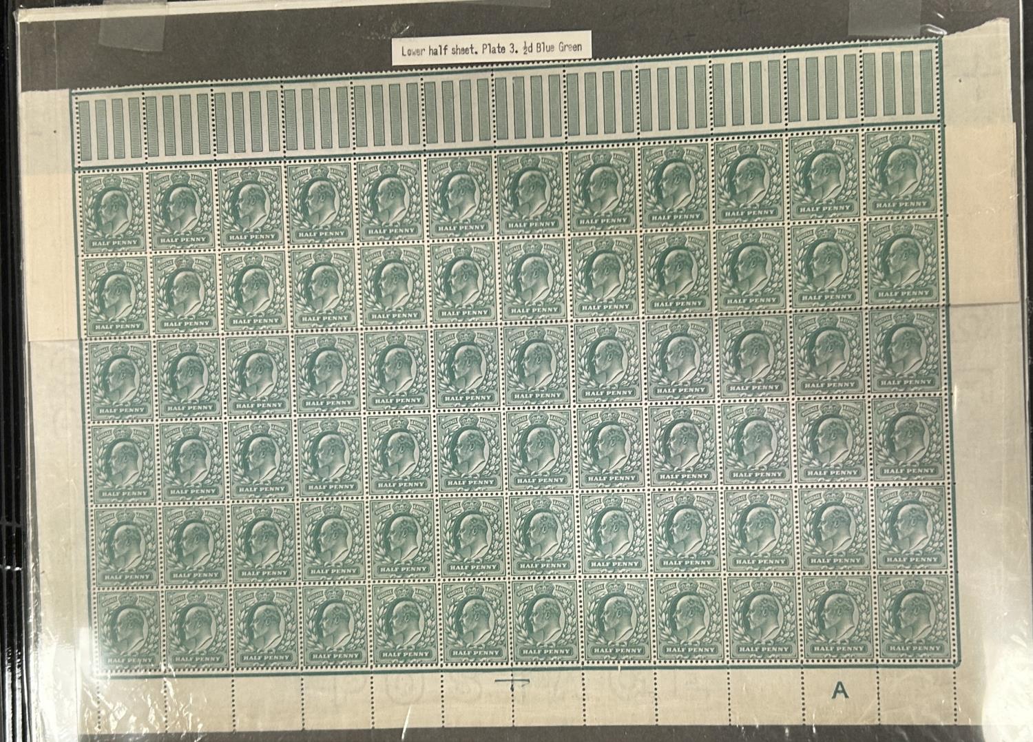 GB: EVII, 1/2d blue green, half sheet, full borders, 120 stamps. Plate ...