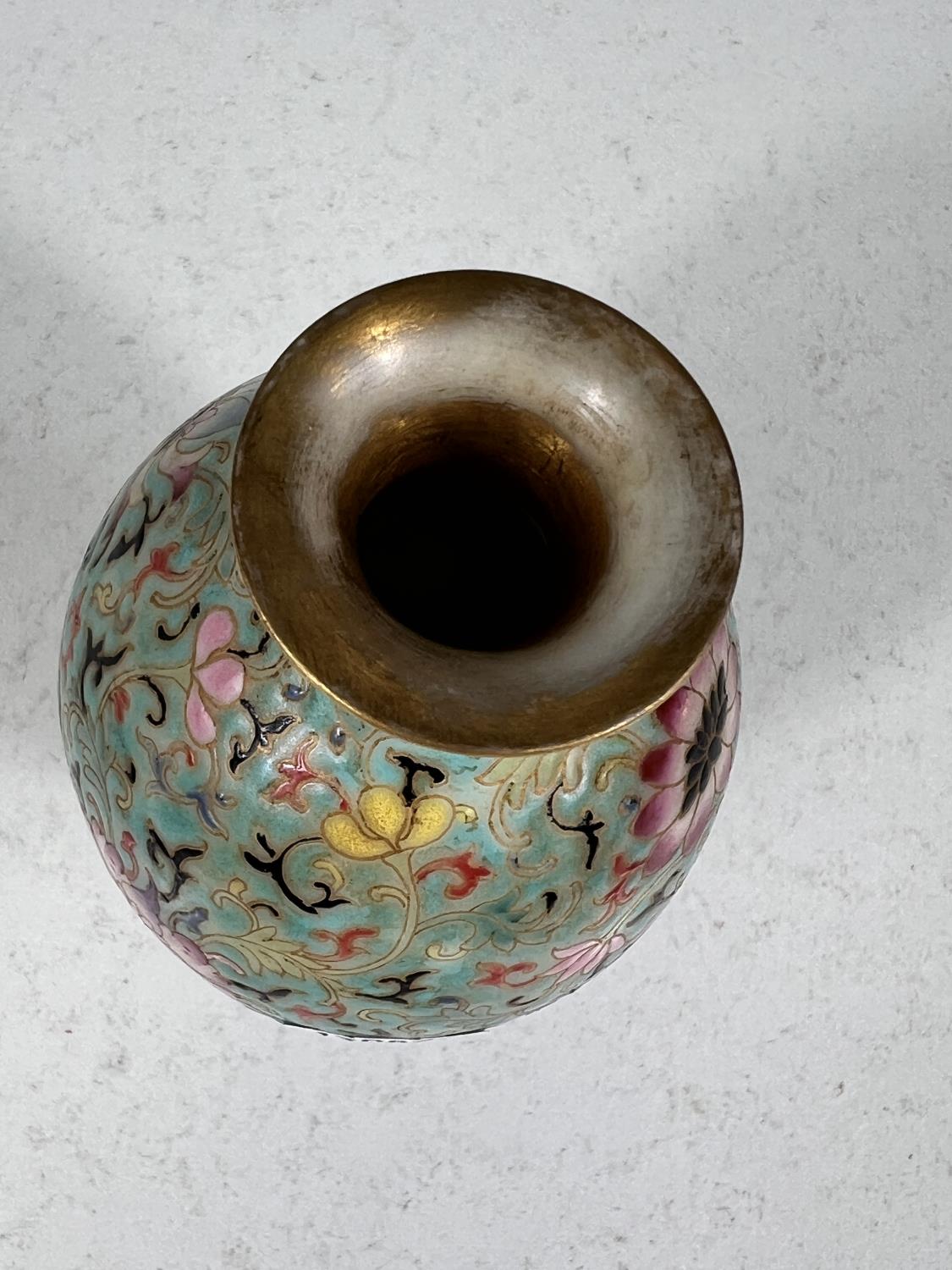 A Small Chinese vase with turquoise ground and polychrome flowers, gilt ...