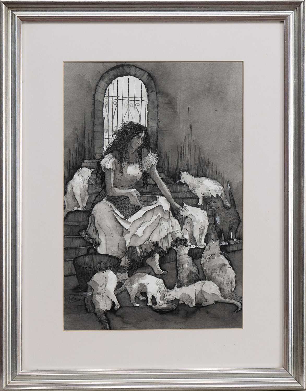 * FIONA C GRAHAM, SPANISH GIRL WITH CATS pen and ink on paper, signed ...
