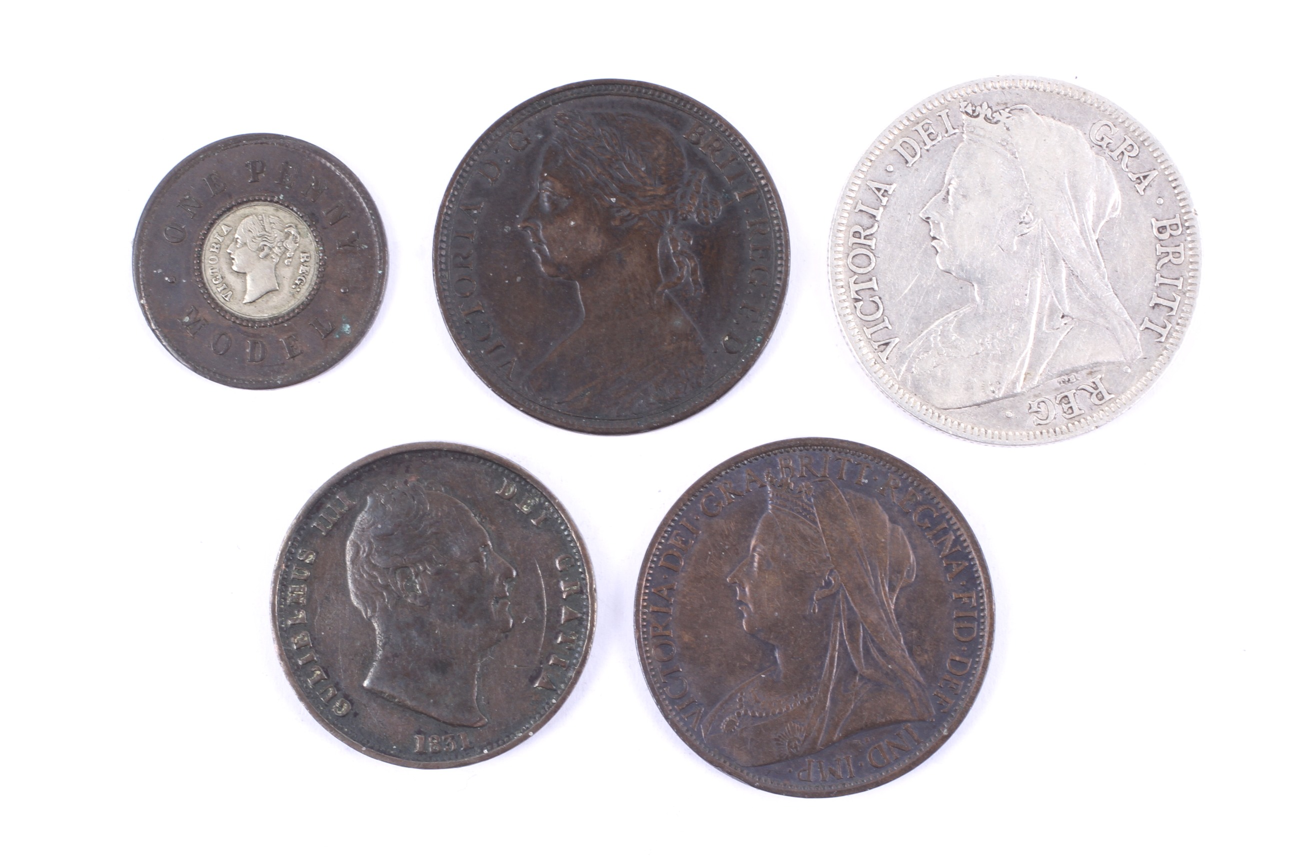 Five 19th century coins. Comprising a 1896 half crown, Victorian model ...