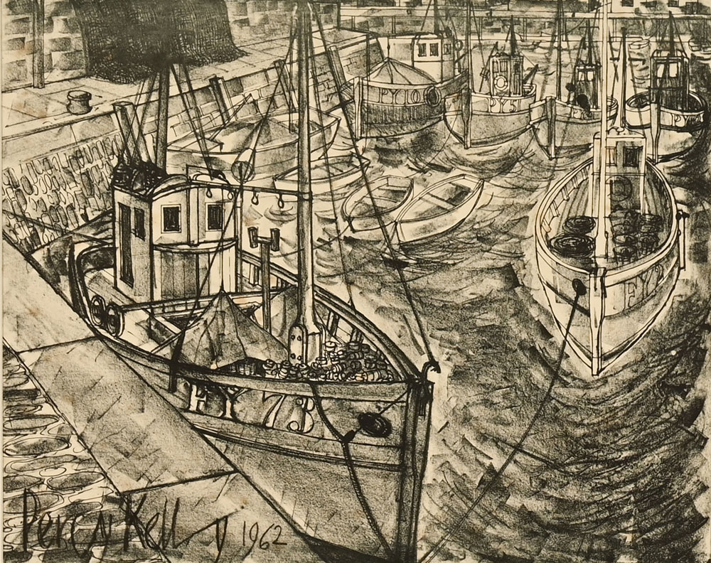 Percy Kelly (1918-1993), screen print 1962 Harbour scene. 41 cm x 52 cm ...