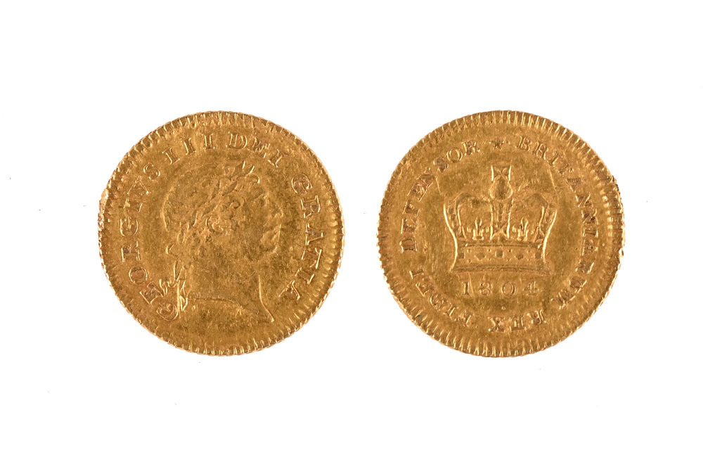 A George III one third of a guinea gold coin, dated 1804.