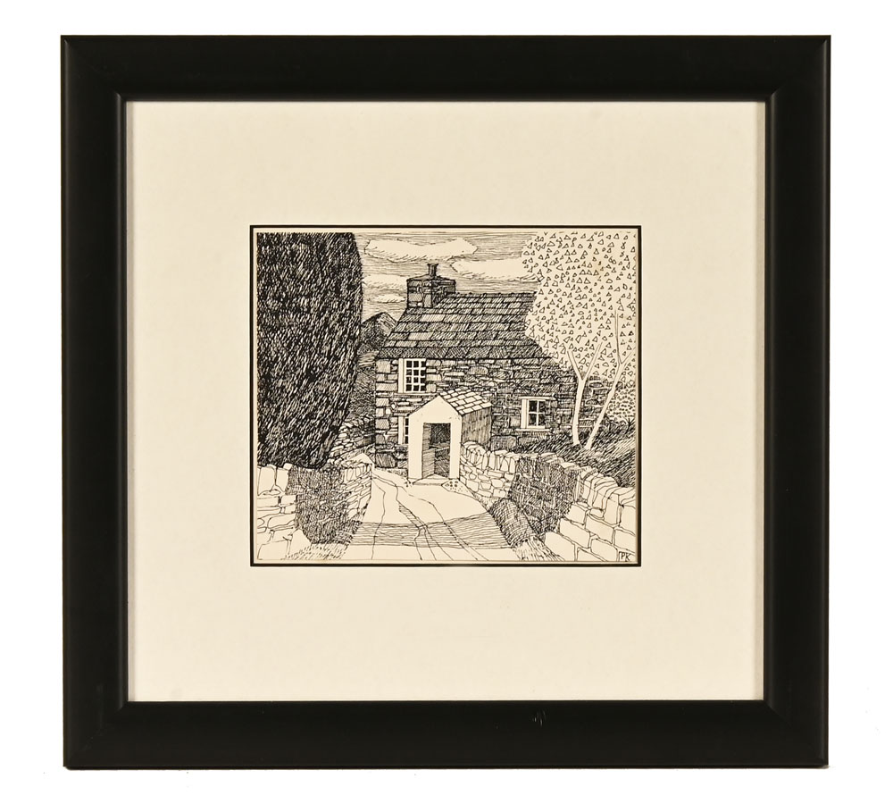 Percy Kelly (1918-1993), a print of a cottage. 12 cm x 13.5 cm ...