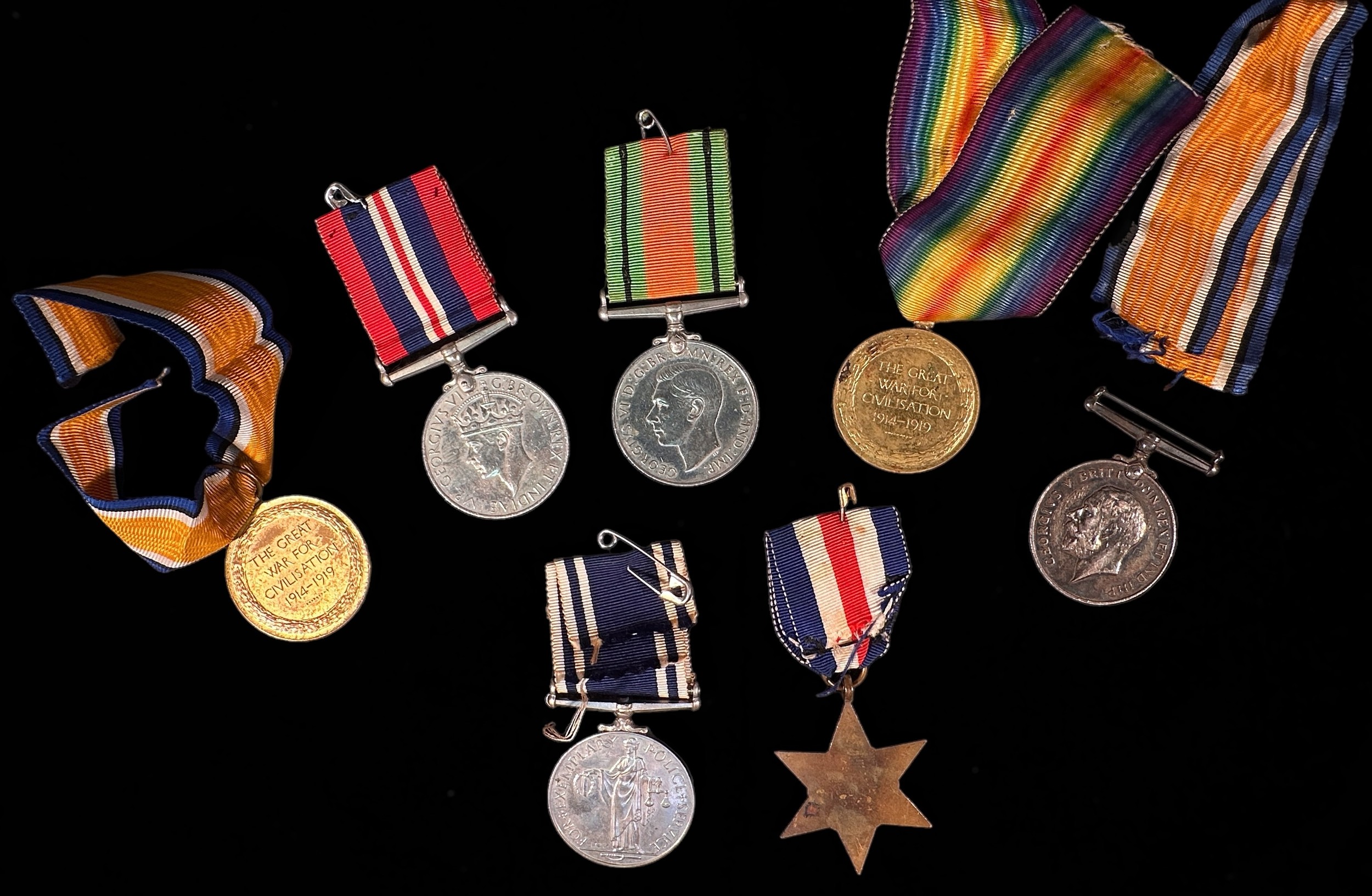 Seven medals comorising: A WW1 Great War and Victory Medal pair to ...