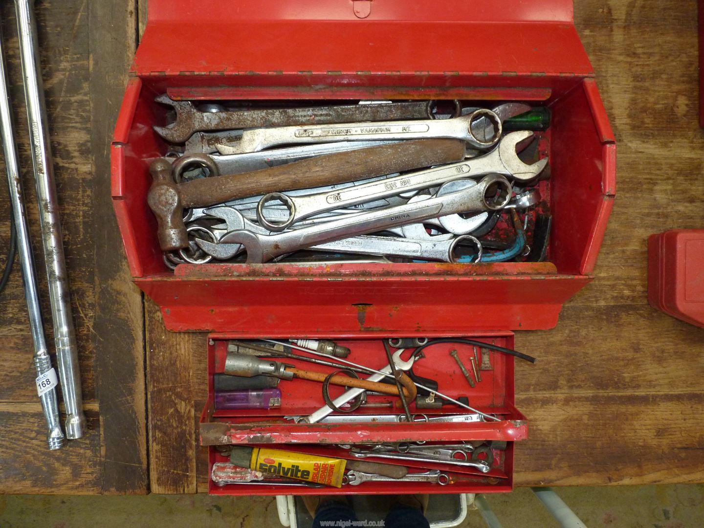 A red Kennedy toolbox with inner tray containing a large quantity of ...