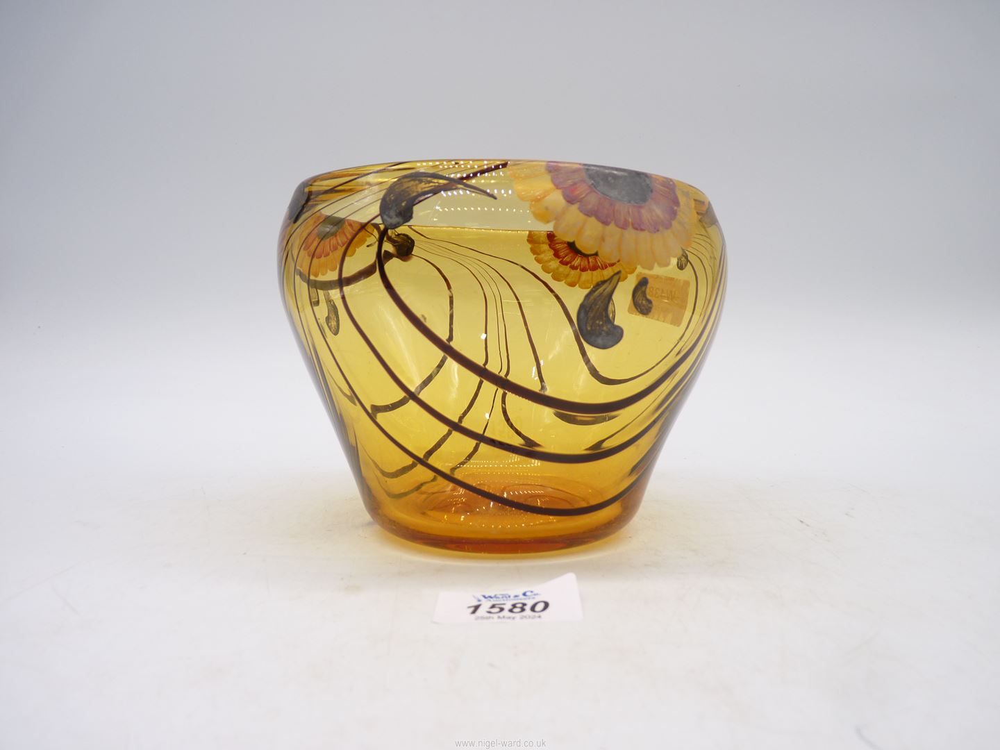 A circa 1931 Stuart enamelled Crystal glass amber Bowl with integrated ...