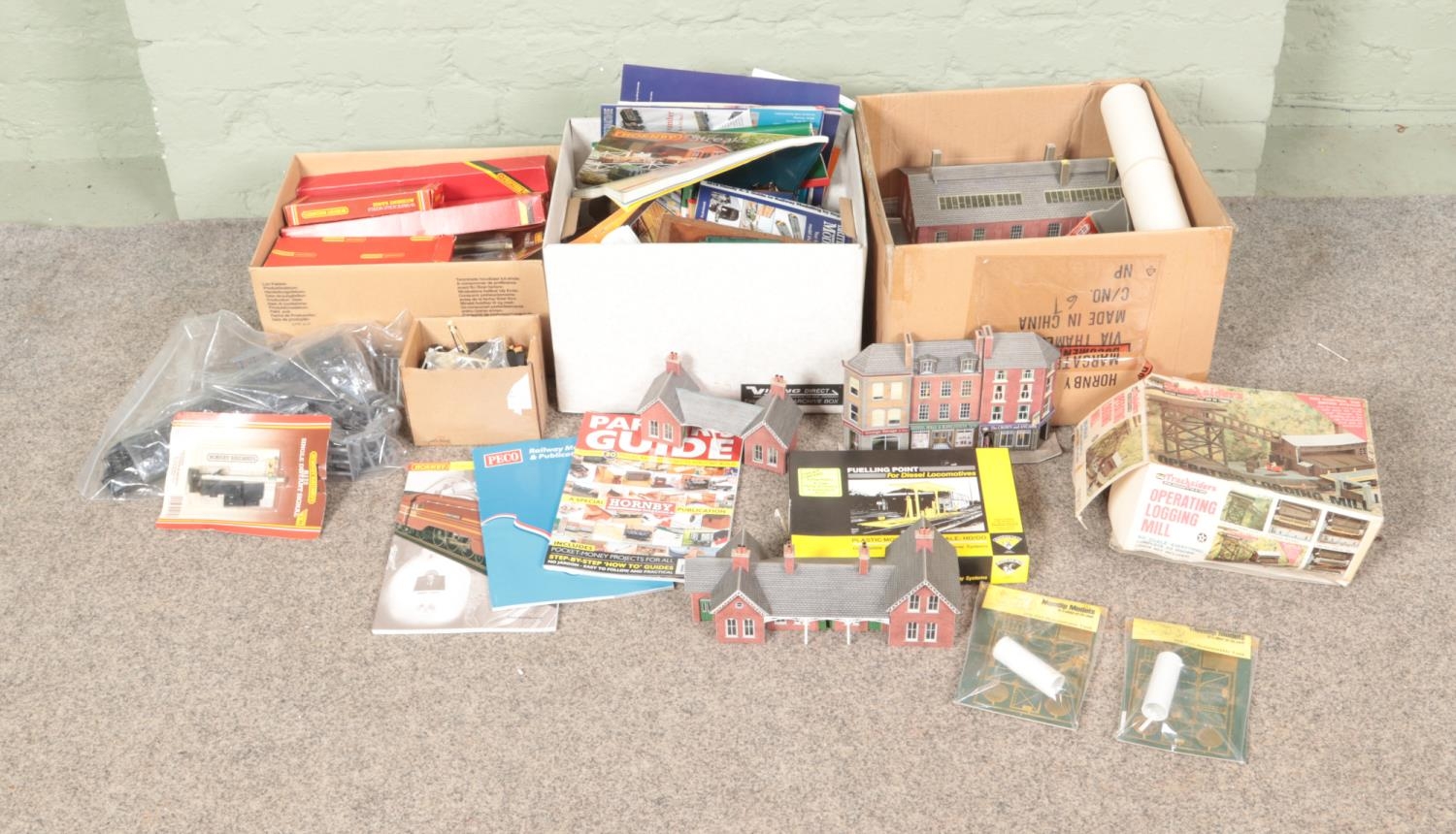 Three boxes of assorted model railway scenery, boxed kits and diorama ...