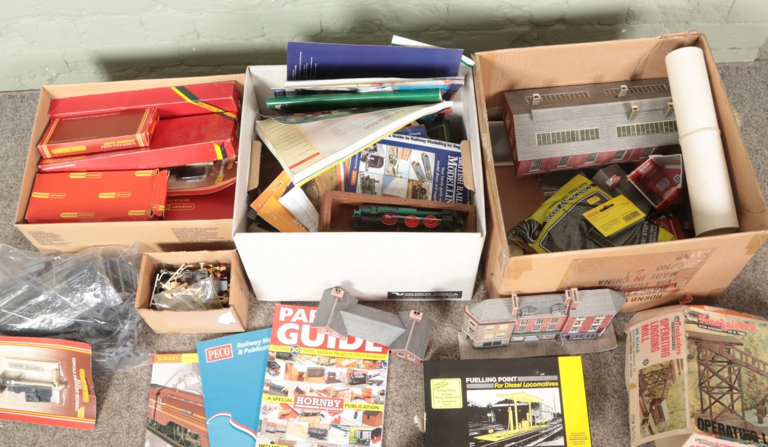 Three boxes of assorted model railway scenery, boxed kits and diorama ...