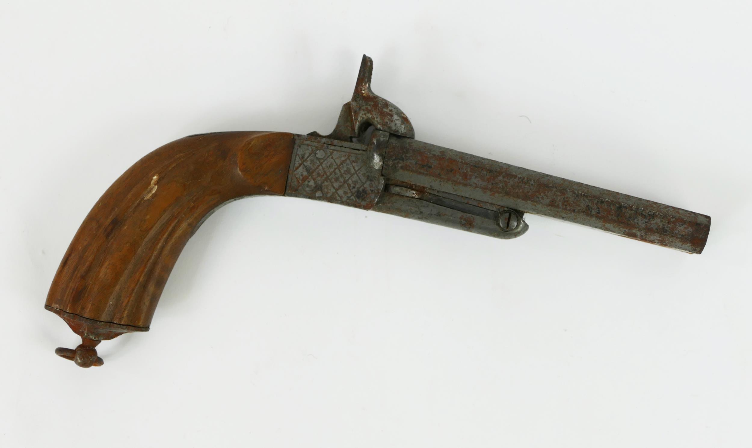 A 19th century double-barrelled pin fire pistol with 12cm polygonal ...