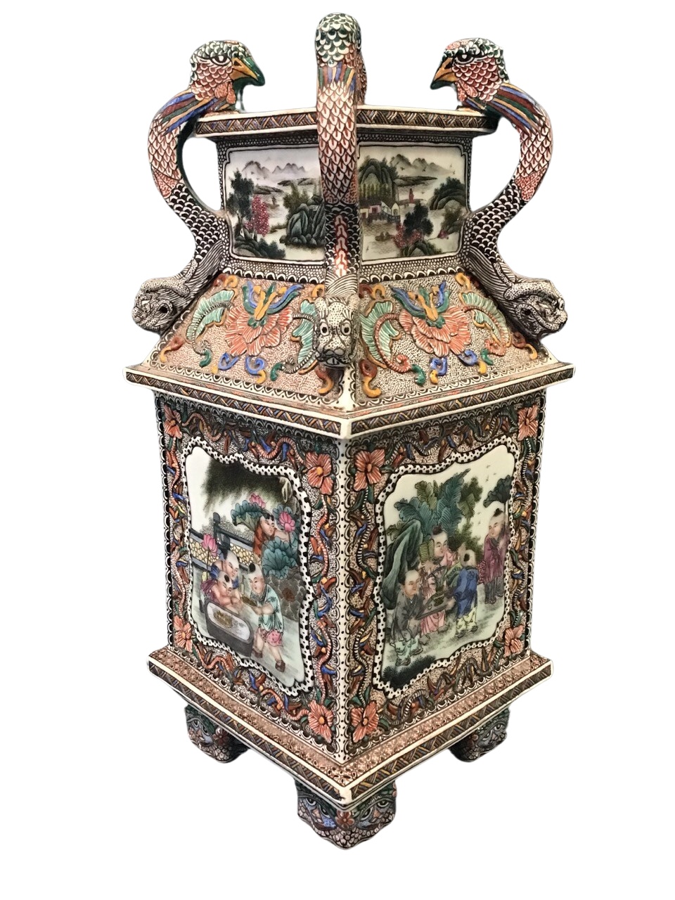 A Chinese square porcelain vase with four mythical beast handles to the ...