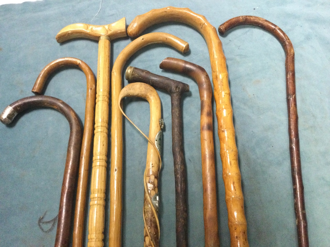 A ceramic owl stick stand; containing nine miscellaneous walking sticks ...