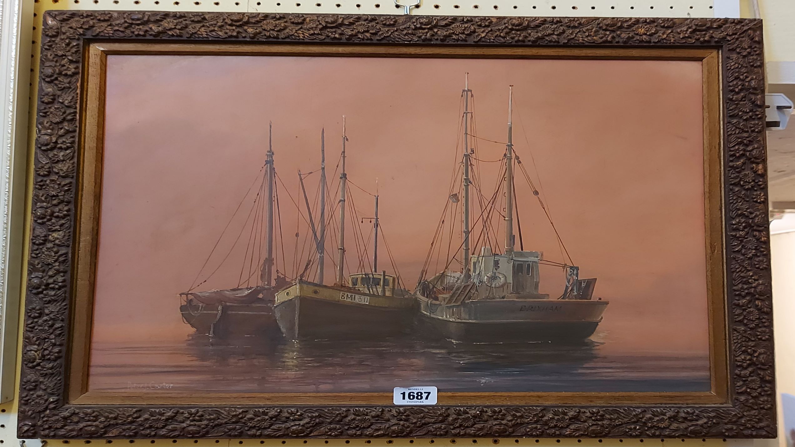 †Peter J. Carter: a framed oil on board, depicting three 'rafting up ...
