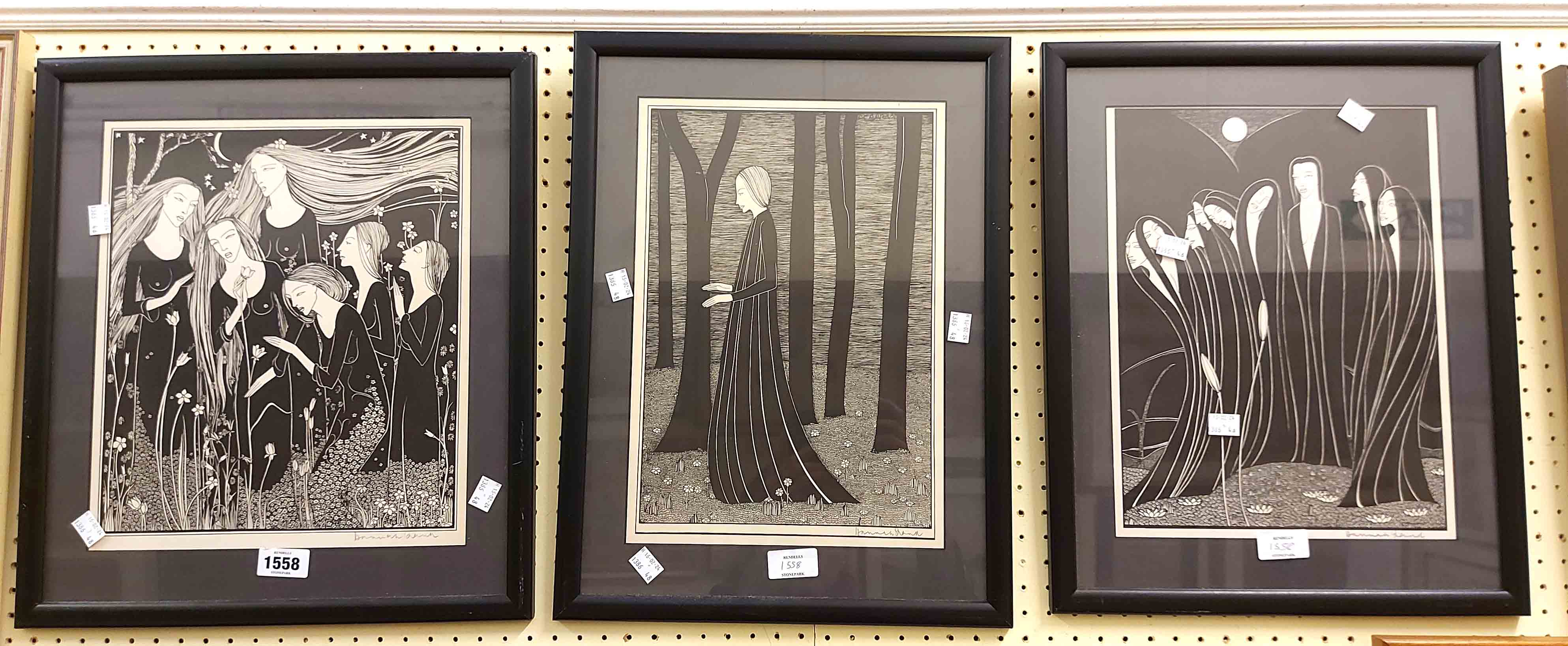 †Hannah Frank: three matching framed vintage monochrome lithographic ...