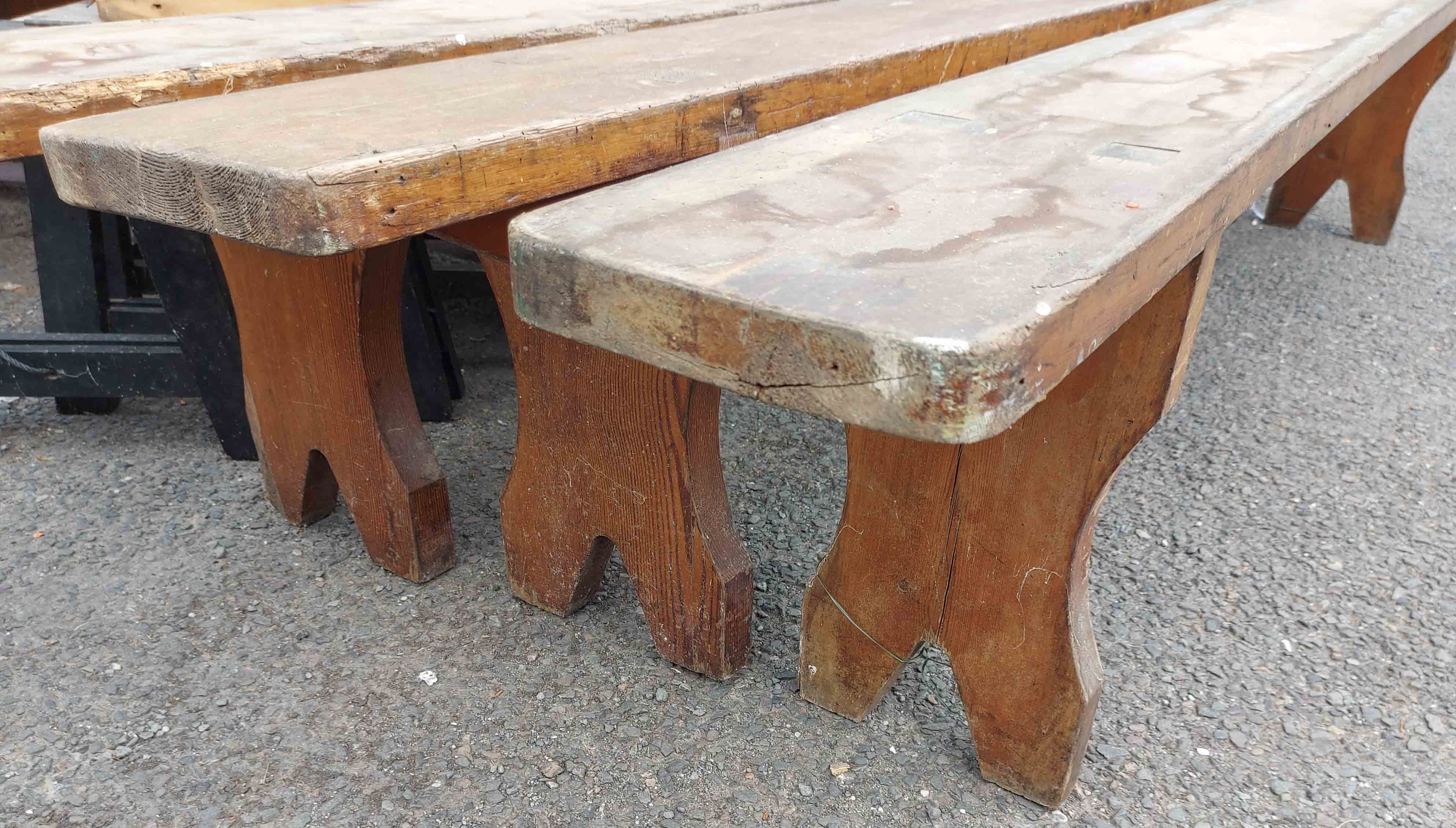 Three old wooden form benches