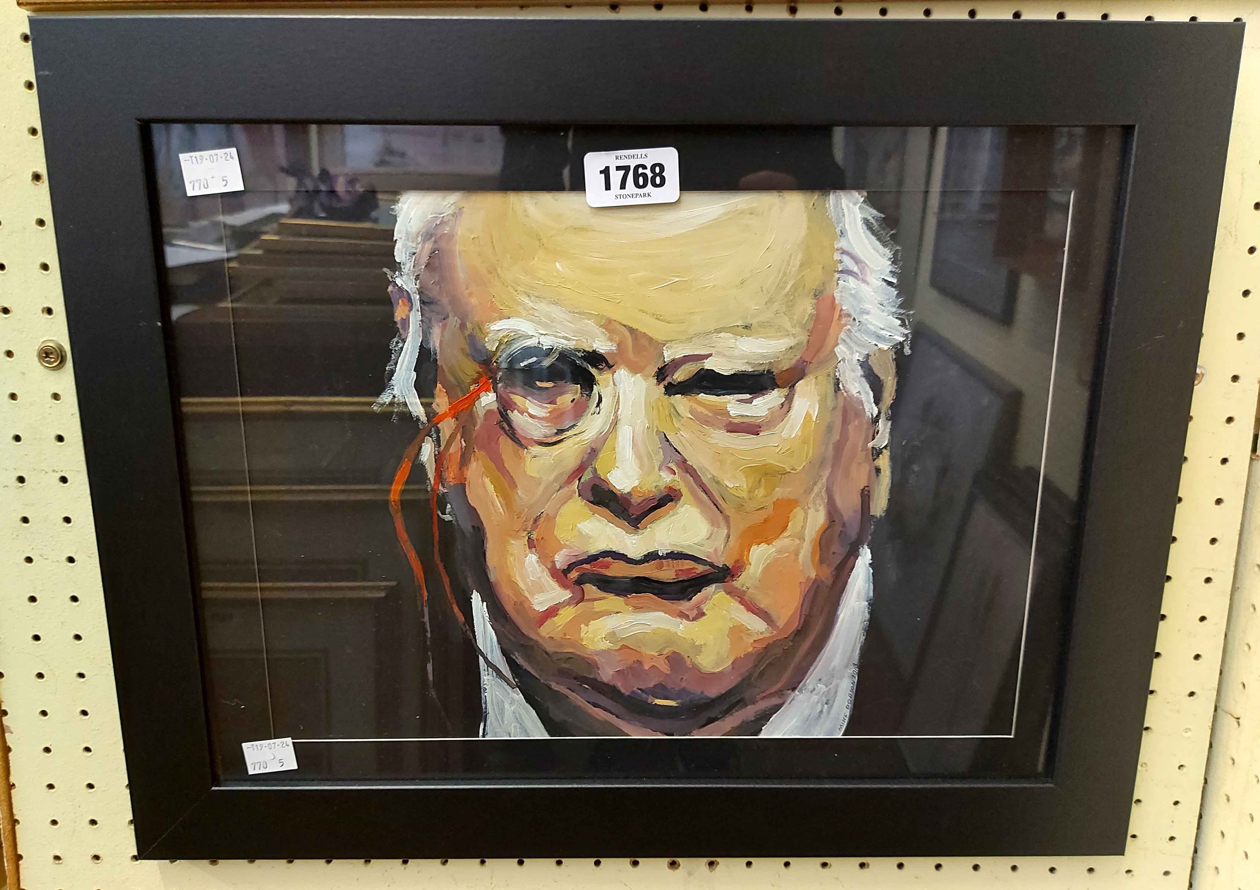 Mike Dobson: a black framed oil on card portrait of Patrick Moore ...