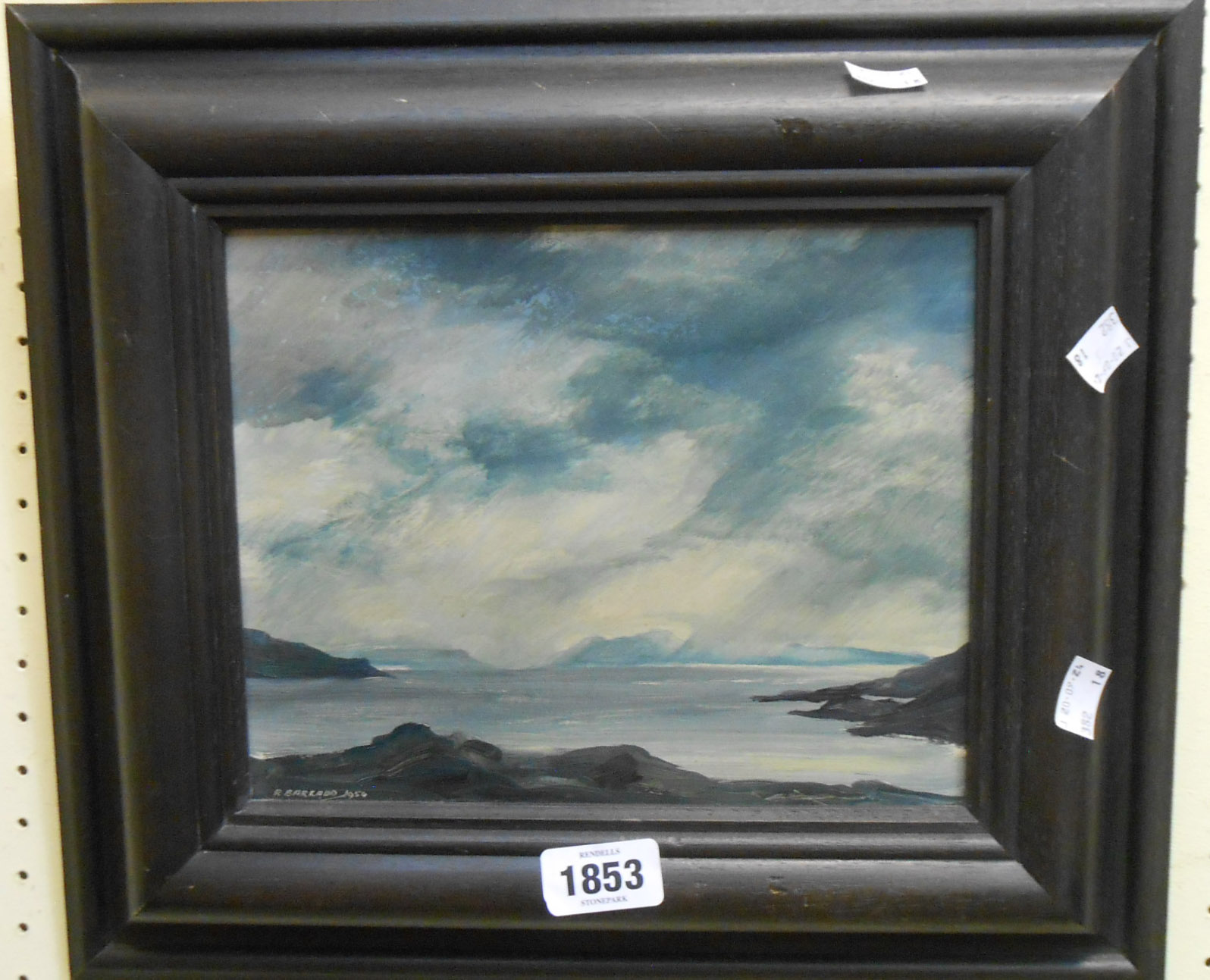 Ronald Barraud: an ebonised framed oil on board entitled verso 'Eigg ...