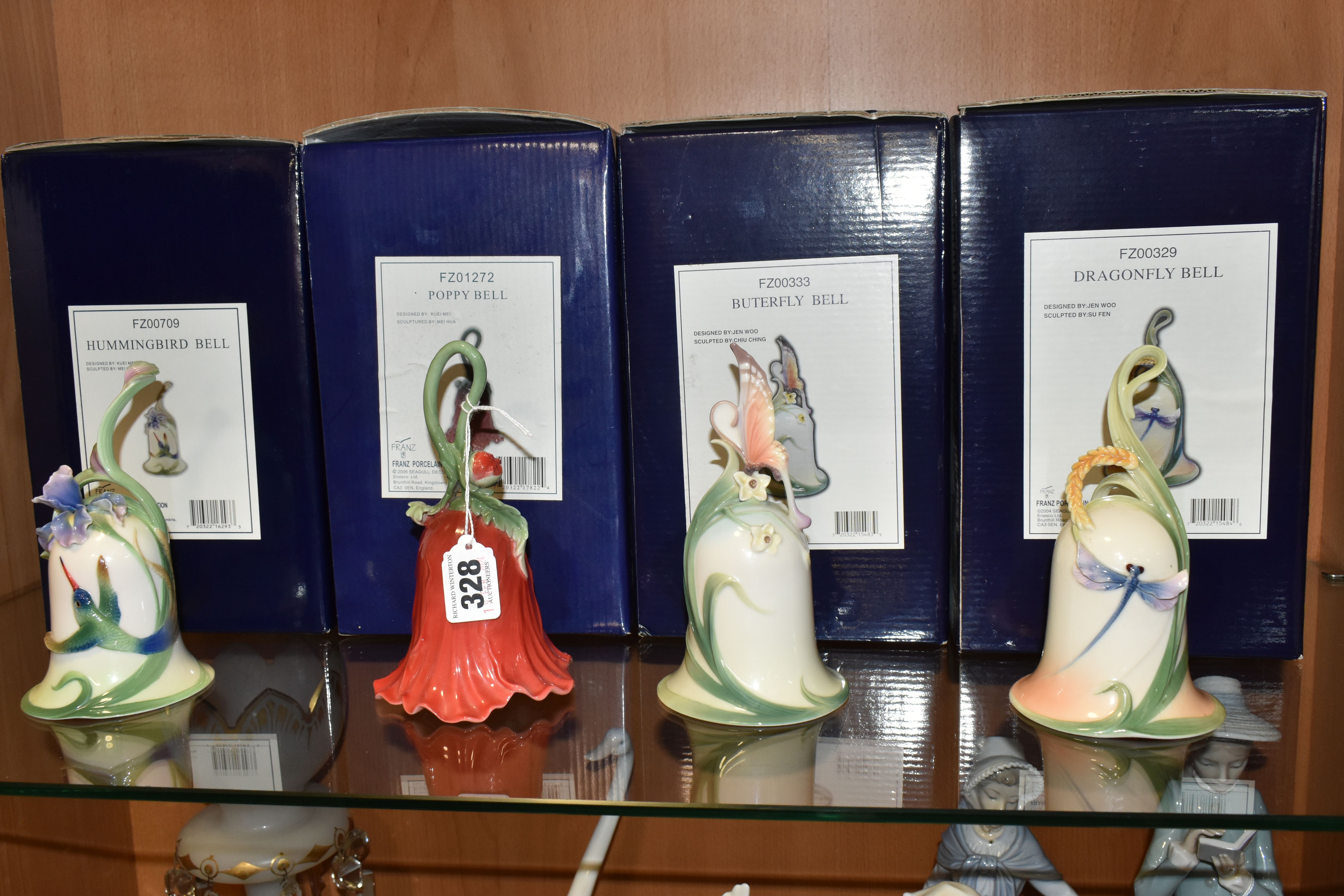 FOUR BOXED FRANZ PORCELAIN BELLS, comprising Hummingbird Bell FZ00709 ...