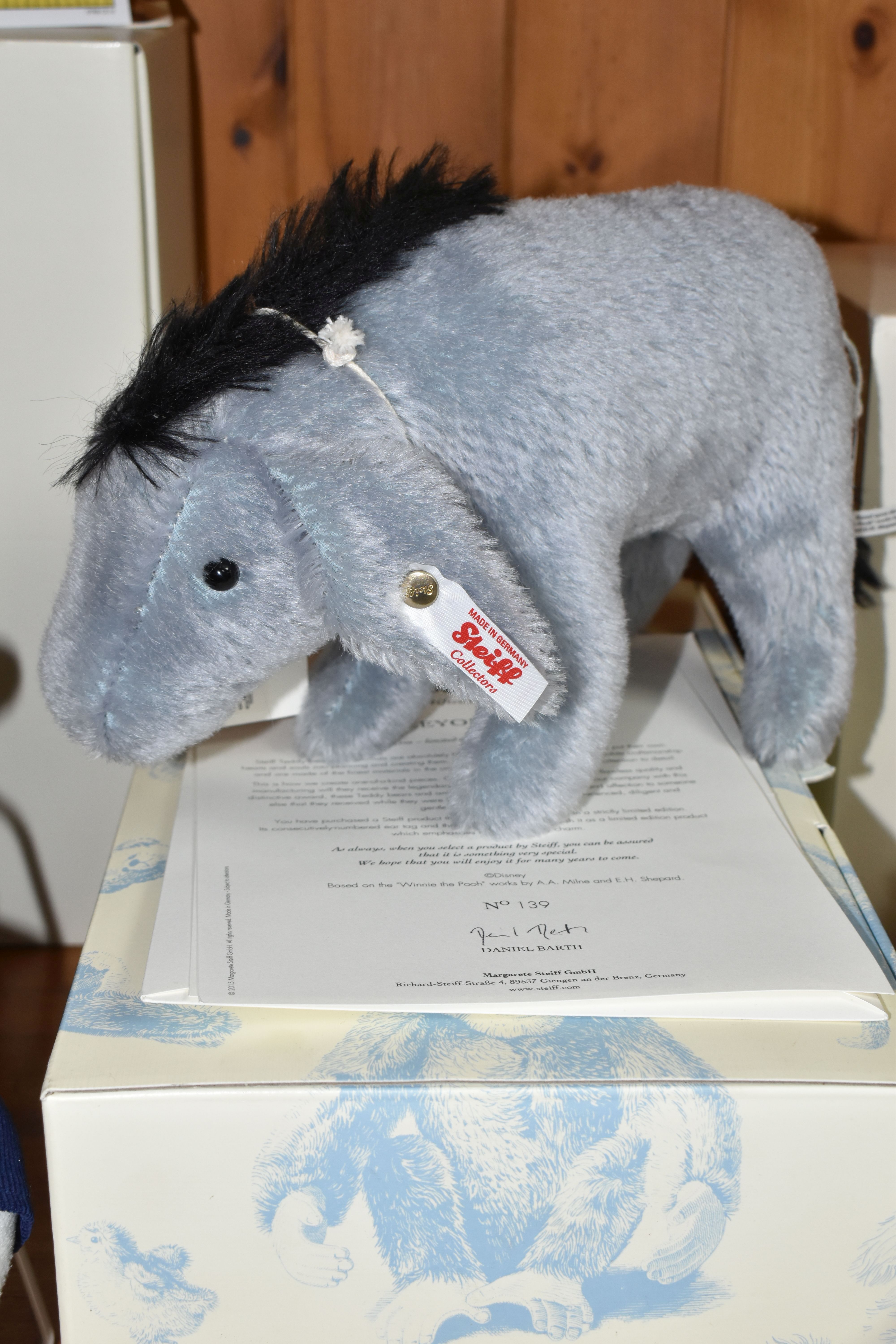 A STEIFF LIMITED EDITION 'EEYORE', 139/2000, gold button, white label ...