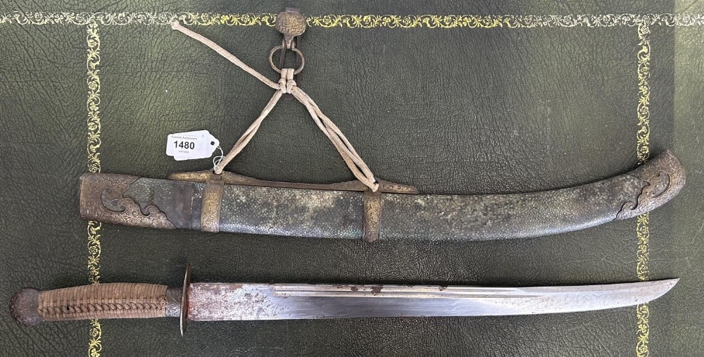 Chinese Qing dynasty Dao short sword, 19" blade with disc shaped guard ...