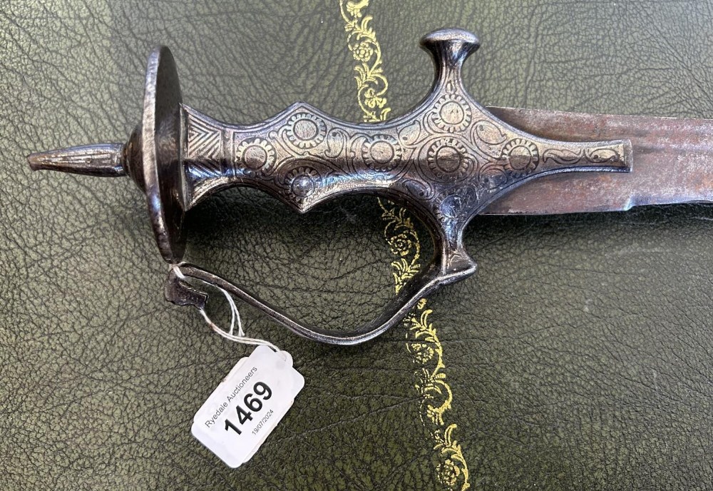19th century Indian Tulwar sword, 29" twin fullered blade, disc and ...