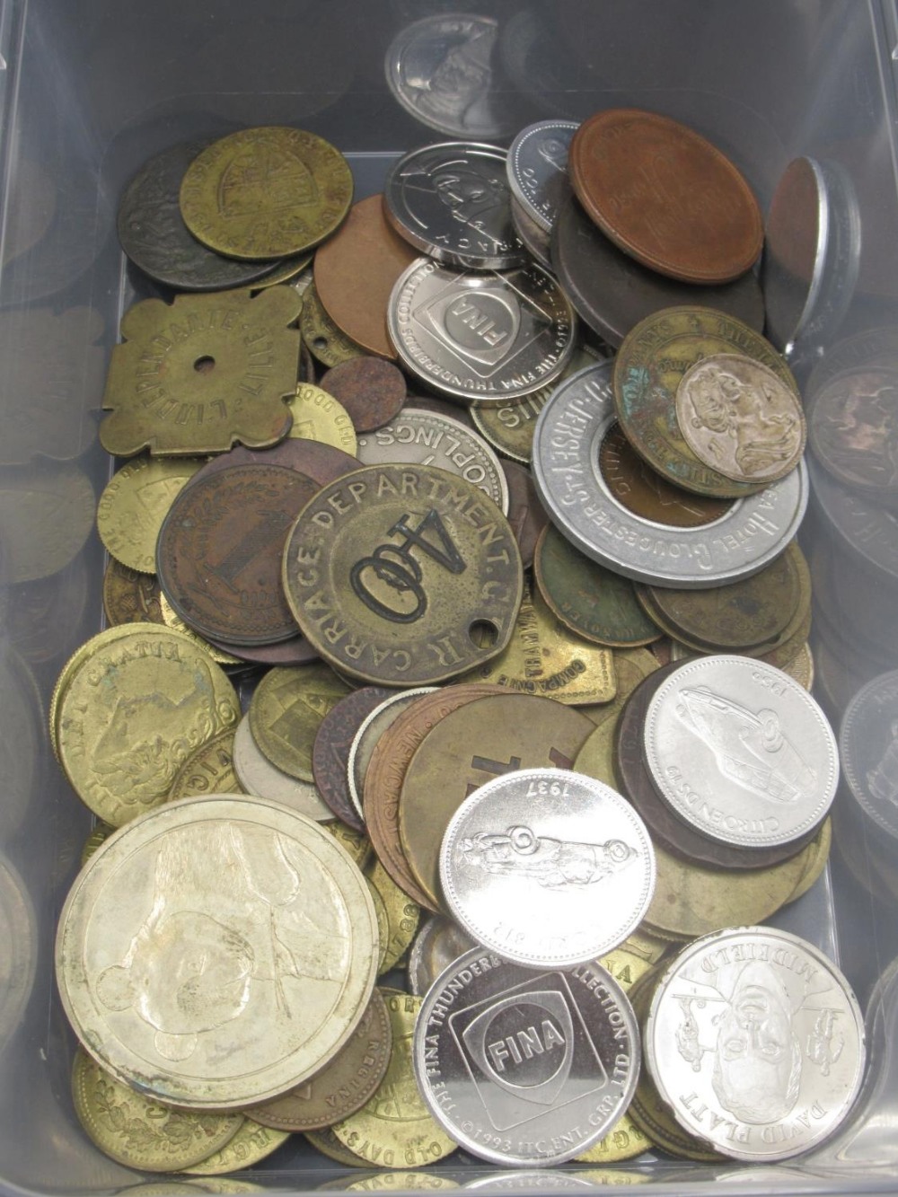 Large mixed collection of C18th/C19th and C20th tokens/coins in 2 tubs