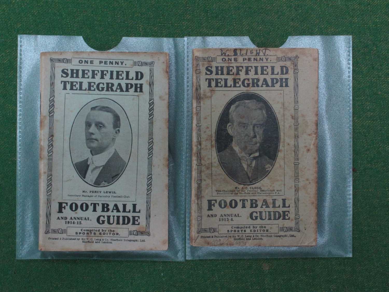 Sheffield Telegraph Football Guide 1913-14 and 1914-15, covers pitted (2).